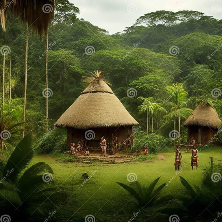Indigenous Tribe in a Village Surrounded by Trees and Hollows. Stock ...