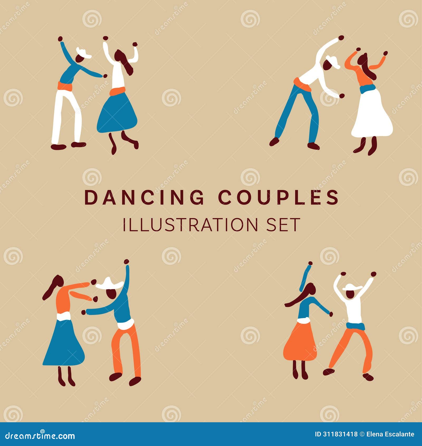 Indigenous Dancing Couples Illustration Set in Doodle Style in Blue and ...