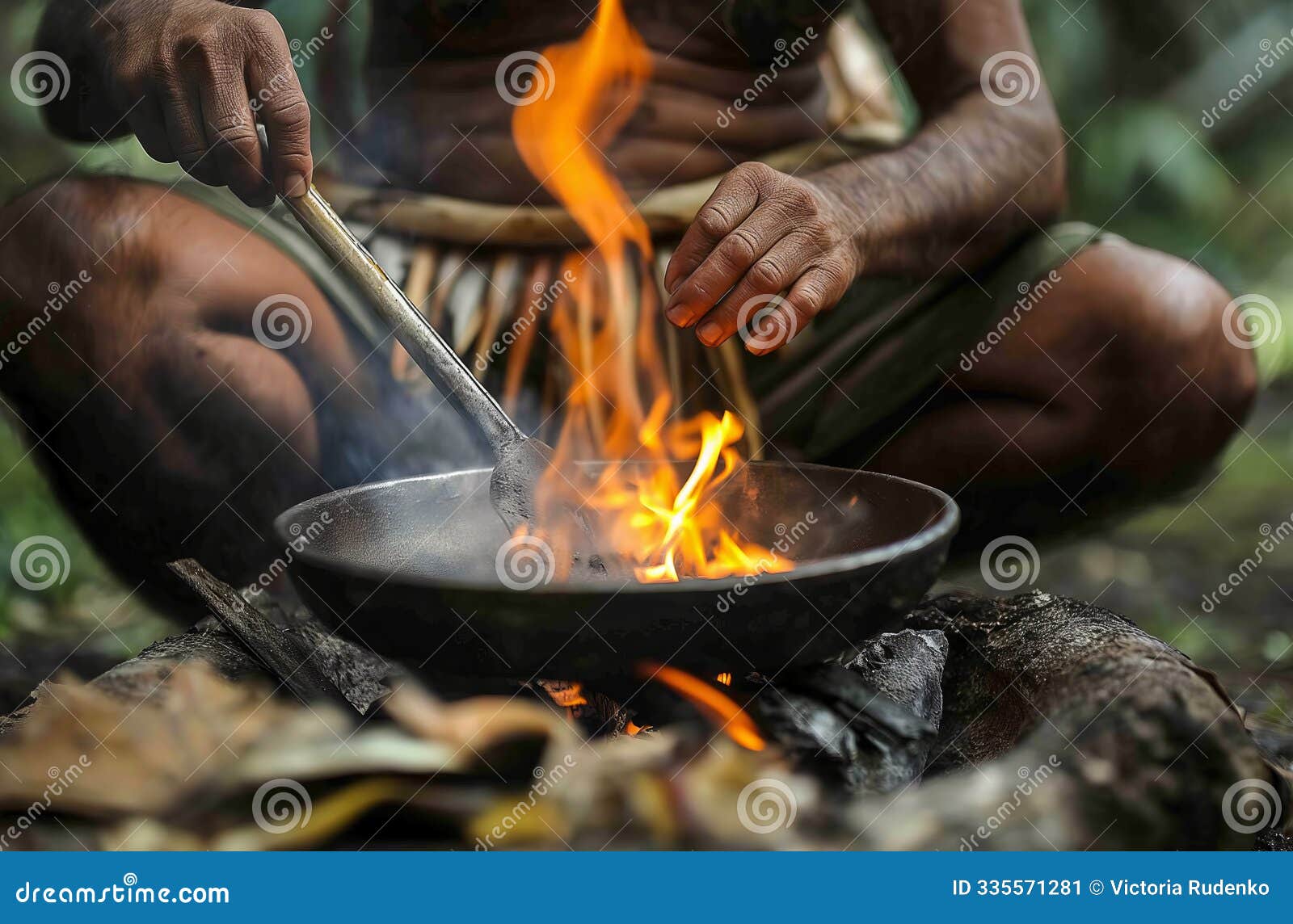 Indigenous Man Cooking on Open Fire in the Jungle Stock Image - Image ...