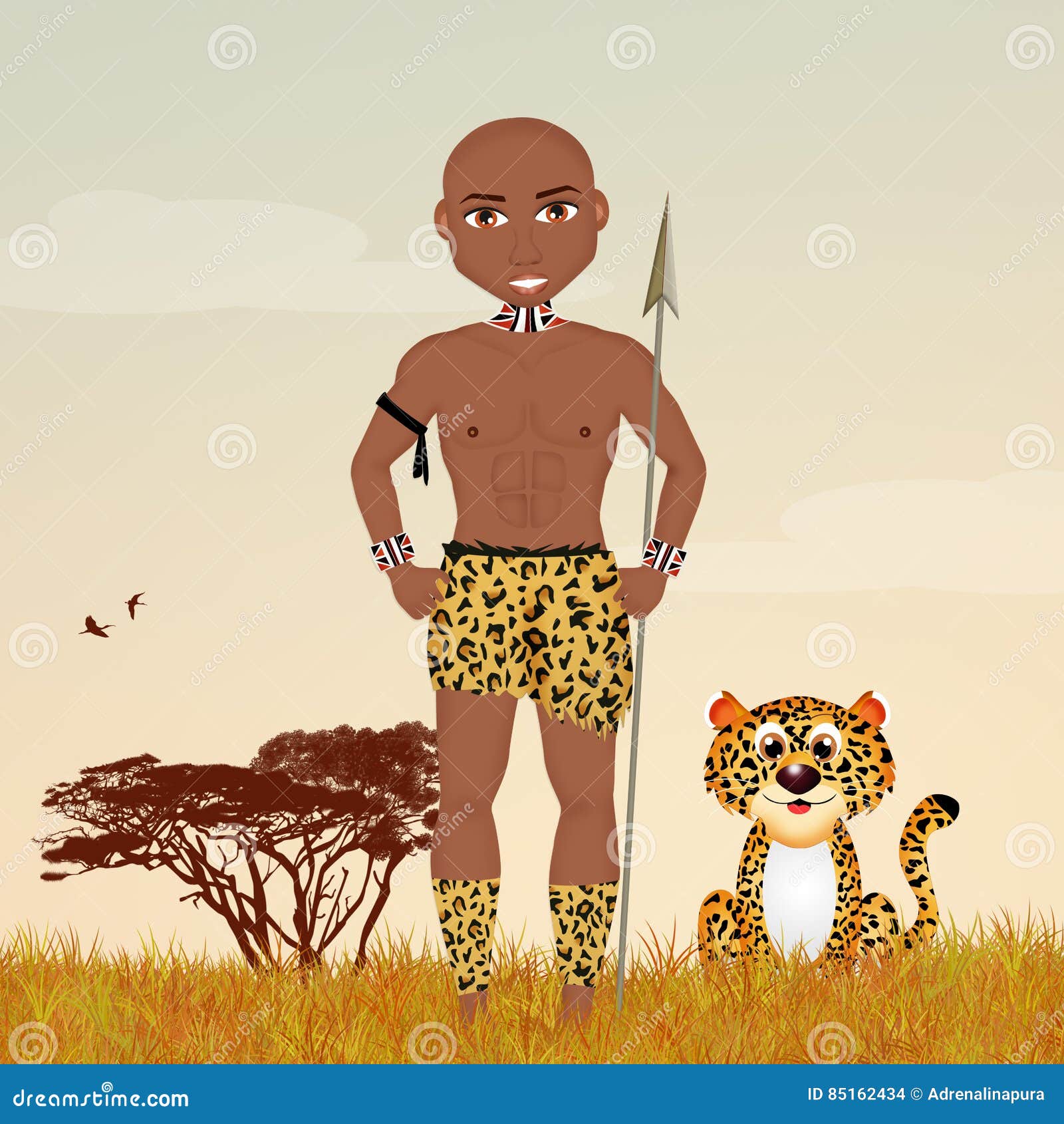 Indigenous Man and Leopard in the Bush Stock Illustration ...