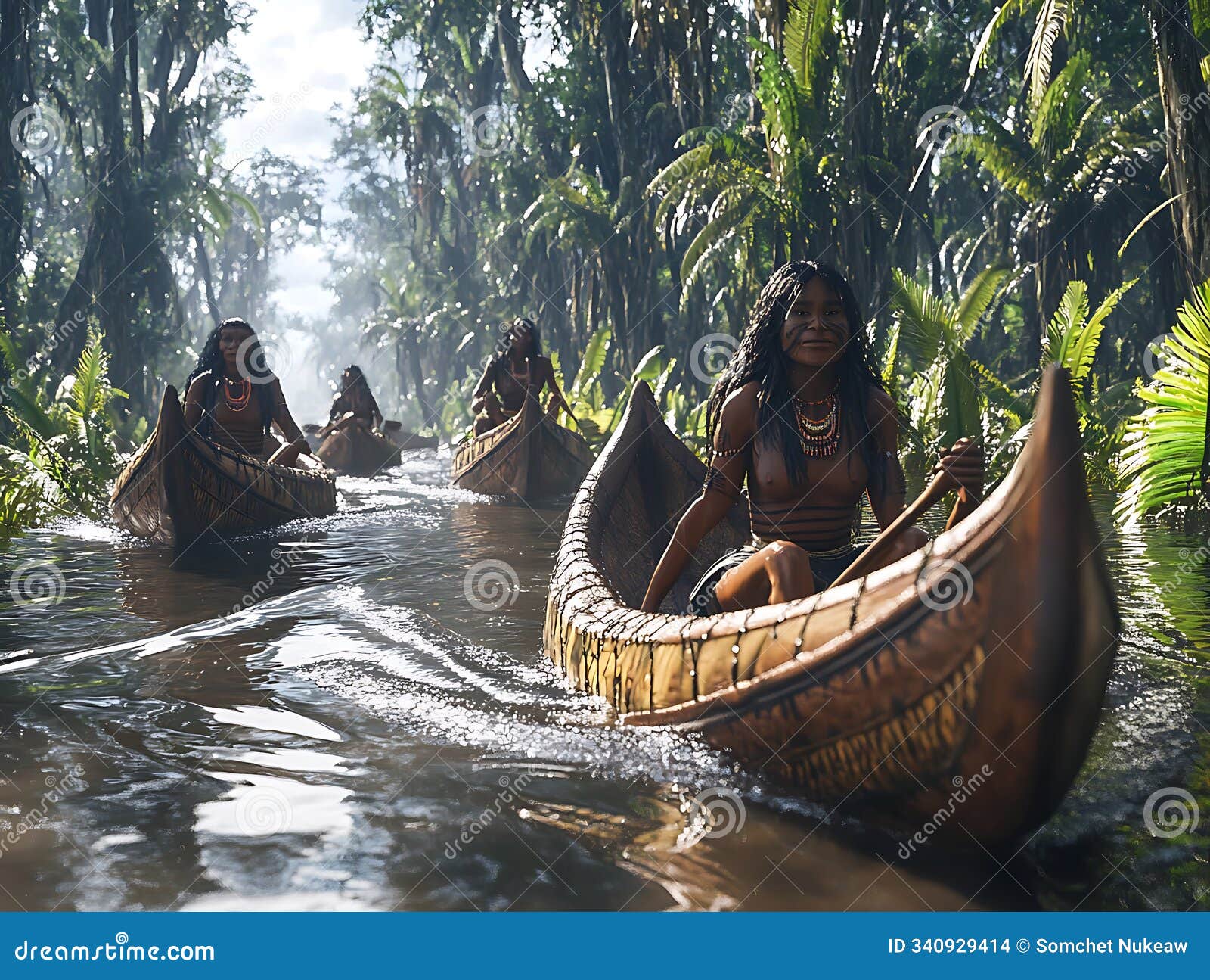Indigenous People Navigating River In Traditional Canoes Royalty-Free ...