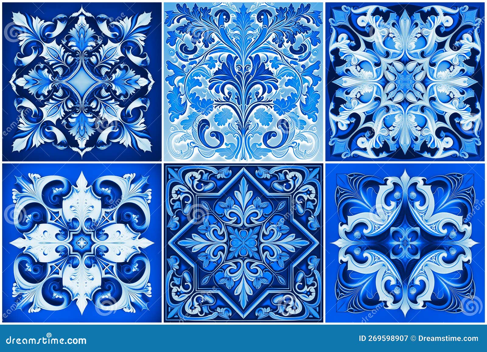 Indigo Blue Arts and Crafts Movement Style Square Tile Pattern ...
