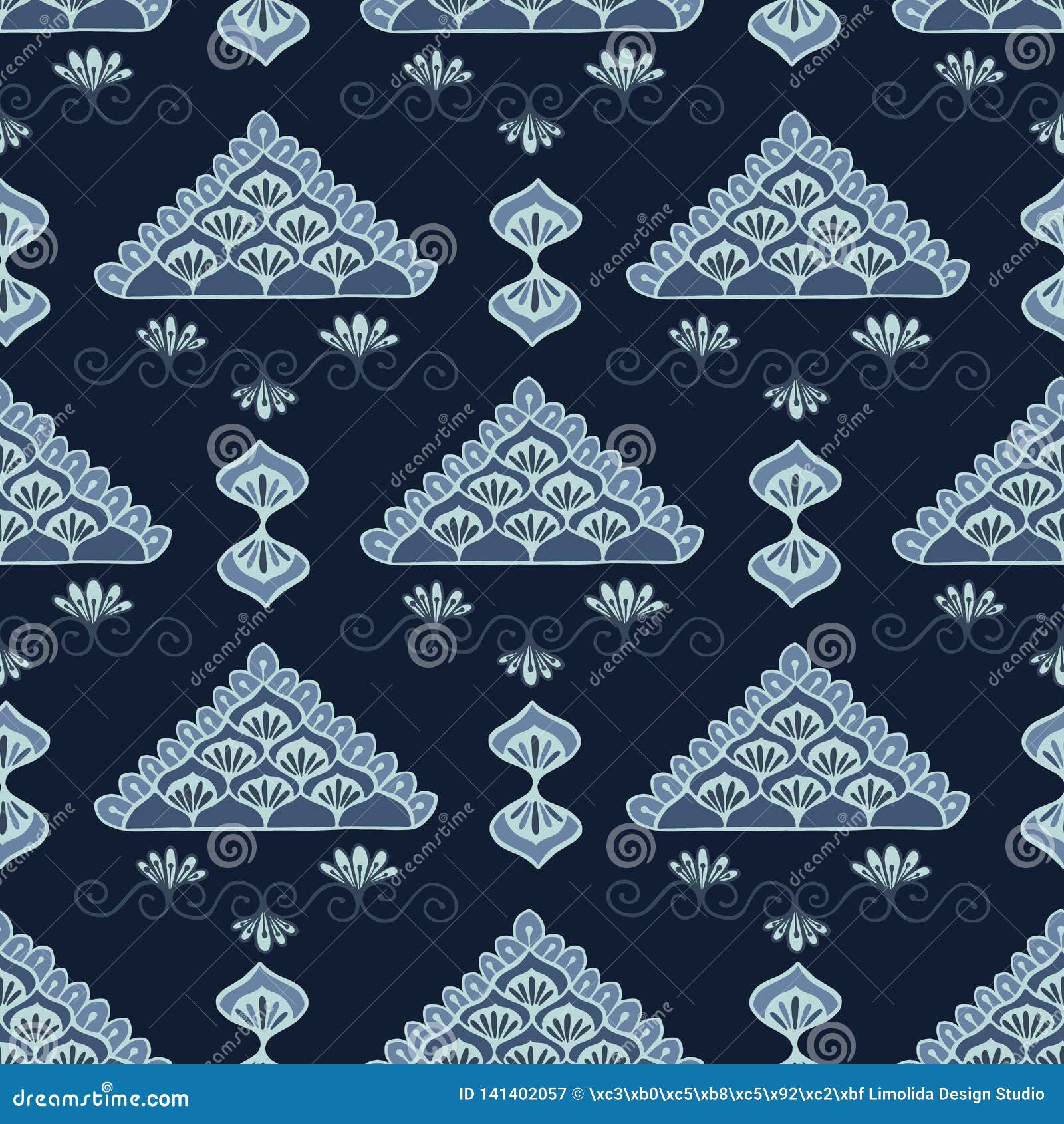 Indigo Blue Geometric Lacy Triangle Pattern Seamless Repeating Stock ...