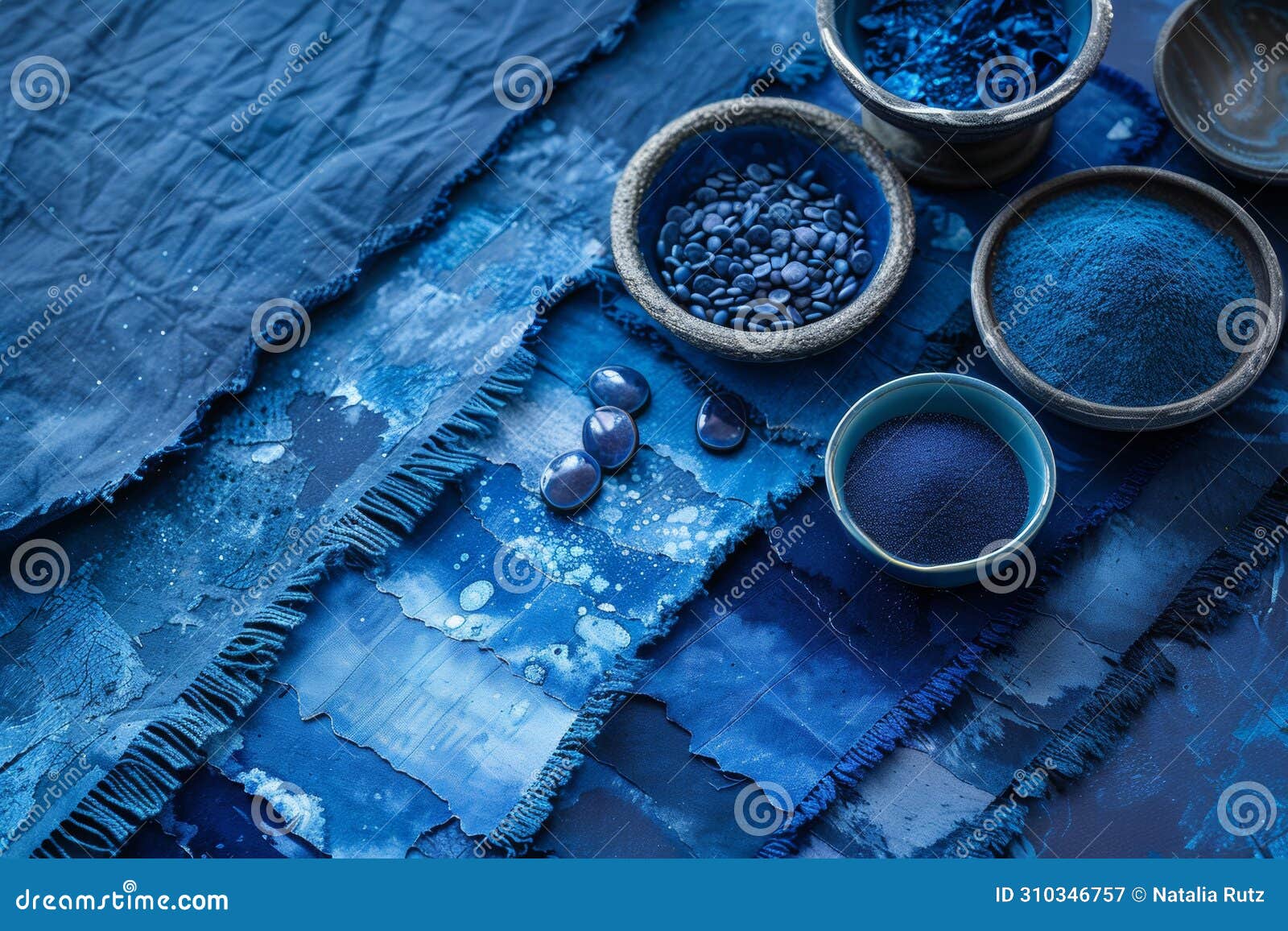 Indigo and Cobalt Dyeing Materials on Textured Fabric, Suitable for Art ...