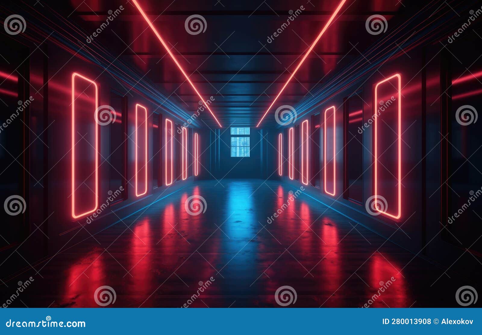 Indigo and Crimson Lit Hallway for Modern Designs. Stock Photo - Image ...