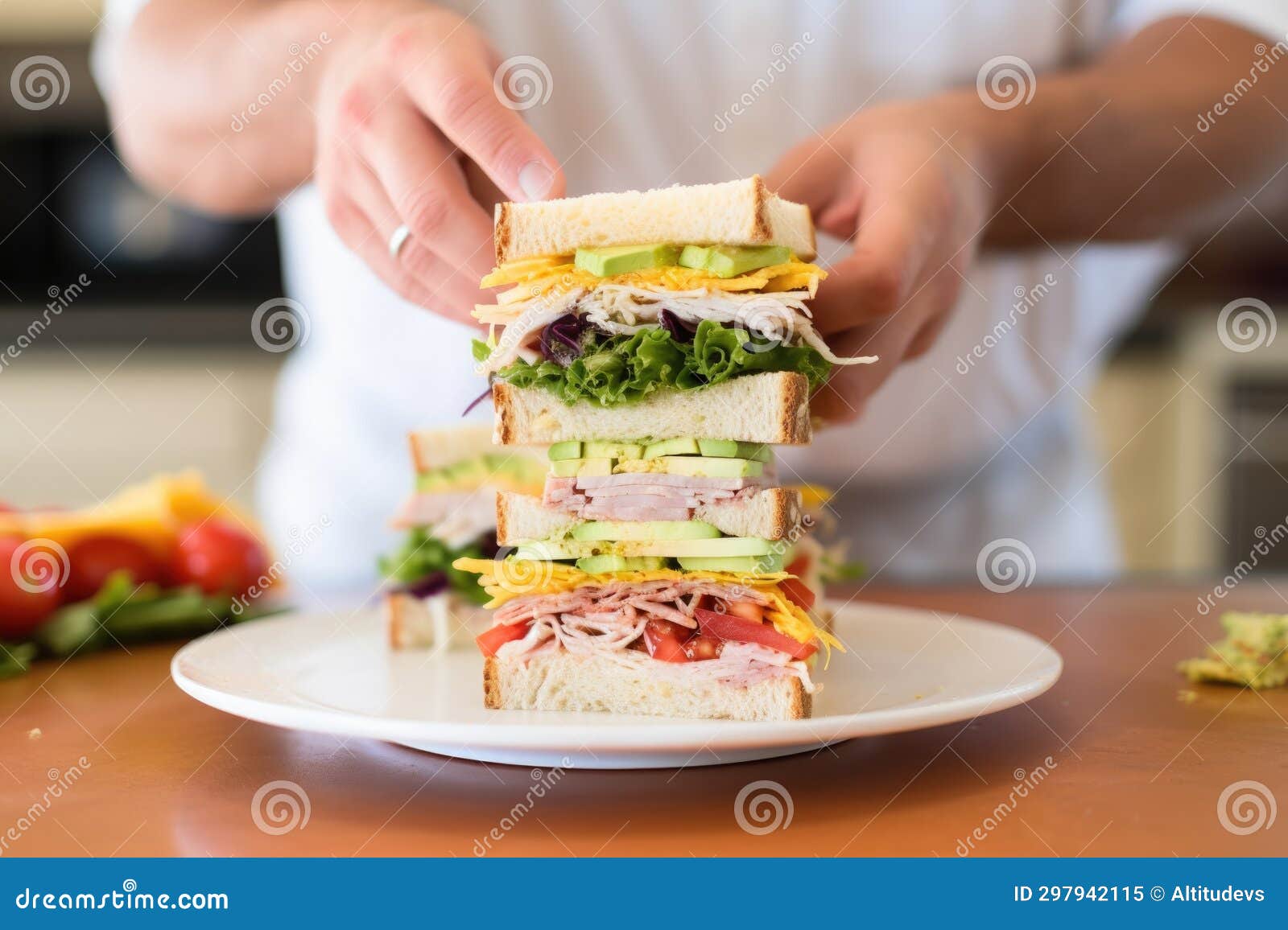 Individual Assembling a Three-tier Sandwich Stock Image - Image of ...
