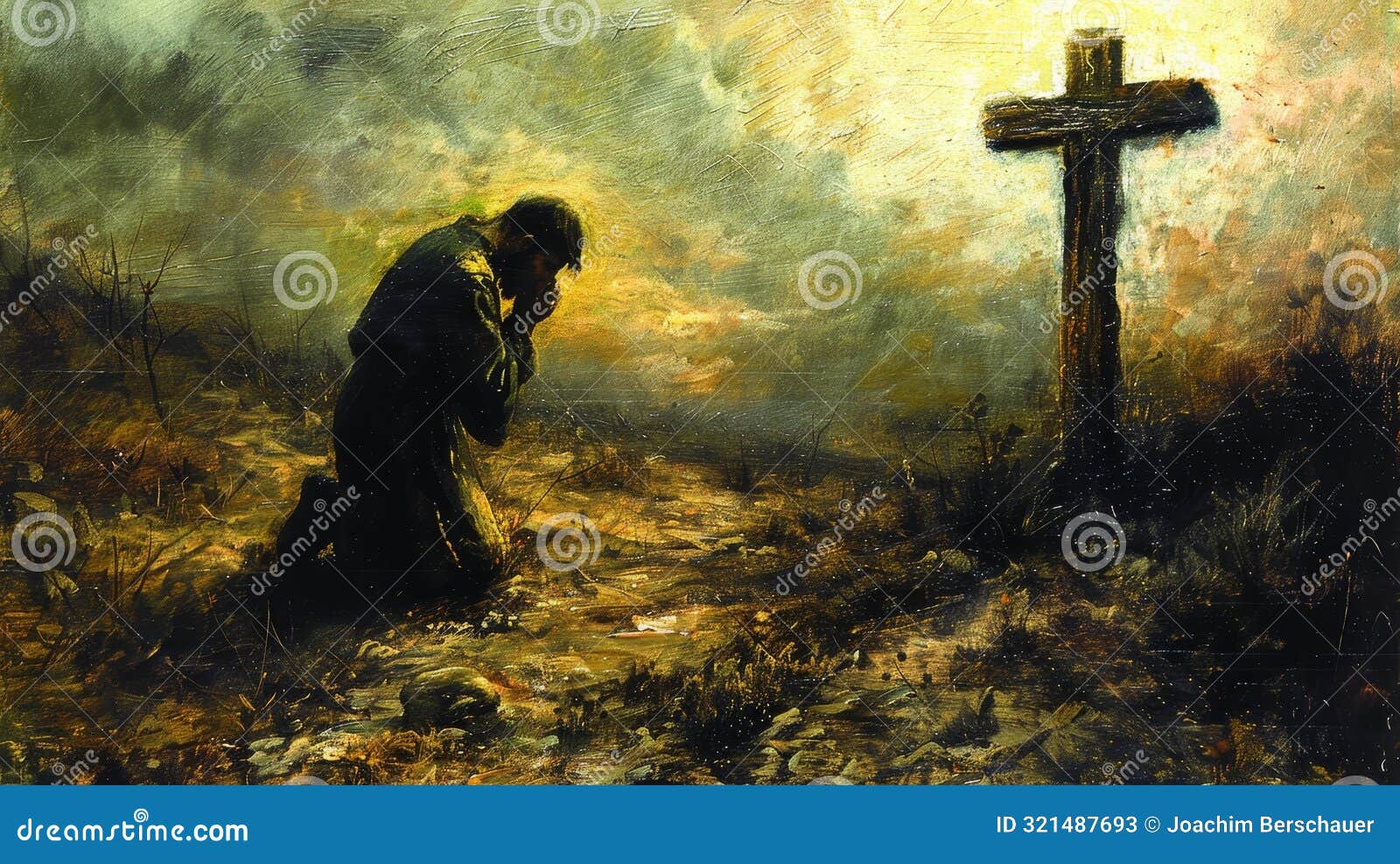 Individual Displaying Deep Reverence, Kneeling in Solemn Prayer before ...