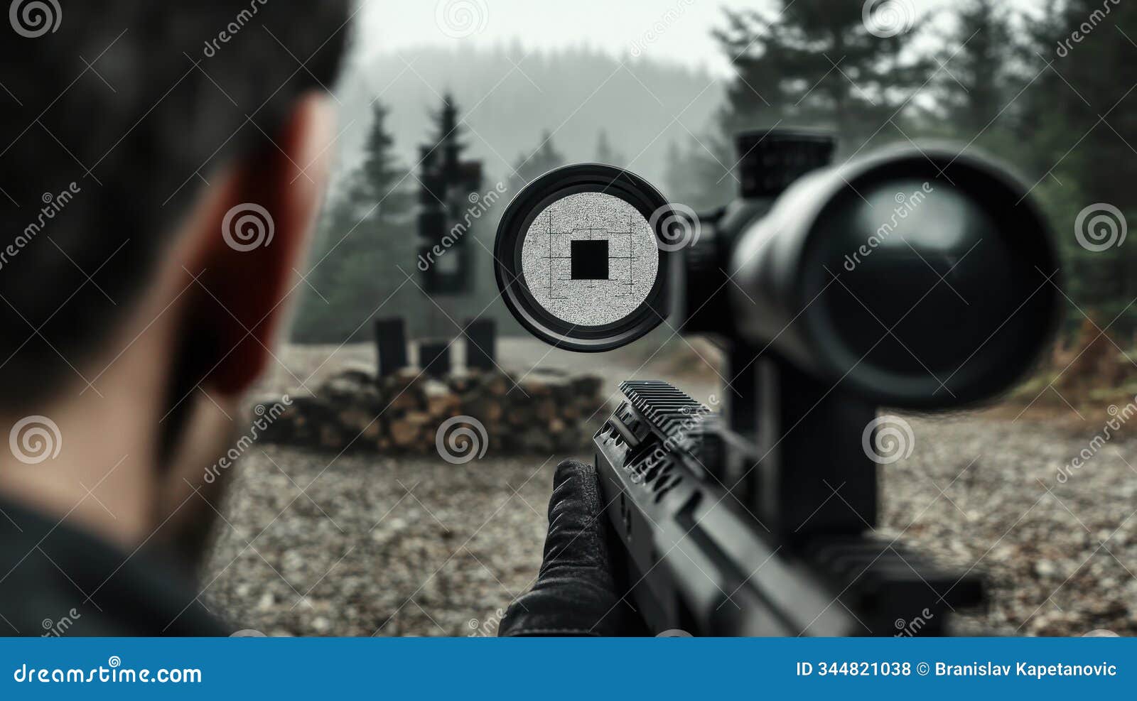 Marksman Aiming a Sniper Rifle at a Distant Target in the Woods Stock ...