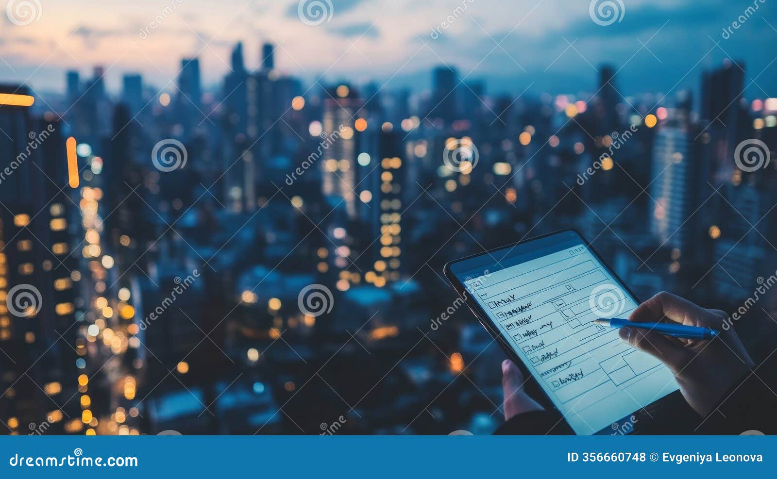 Individual Marks Completed Tasks on Digital To Do List with a Cityscape ...