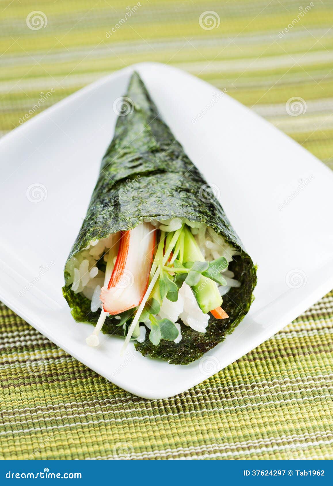 Individual Sushi Cone in Small White Plate Stock Image - Image of ...