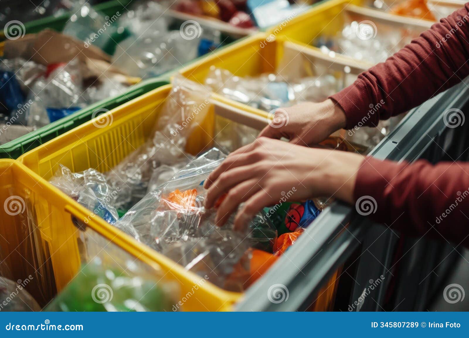 Hands Sorting Various Recyclables into Clearly Labeled Bins in a ...