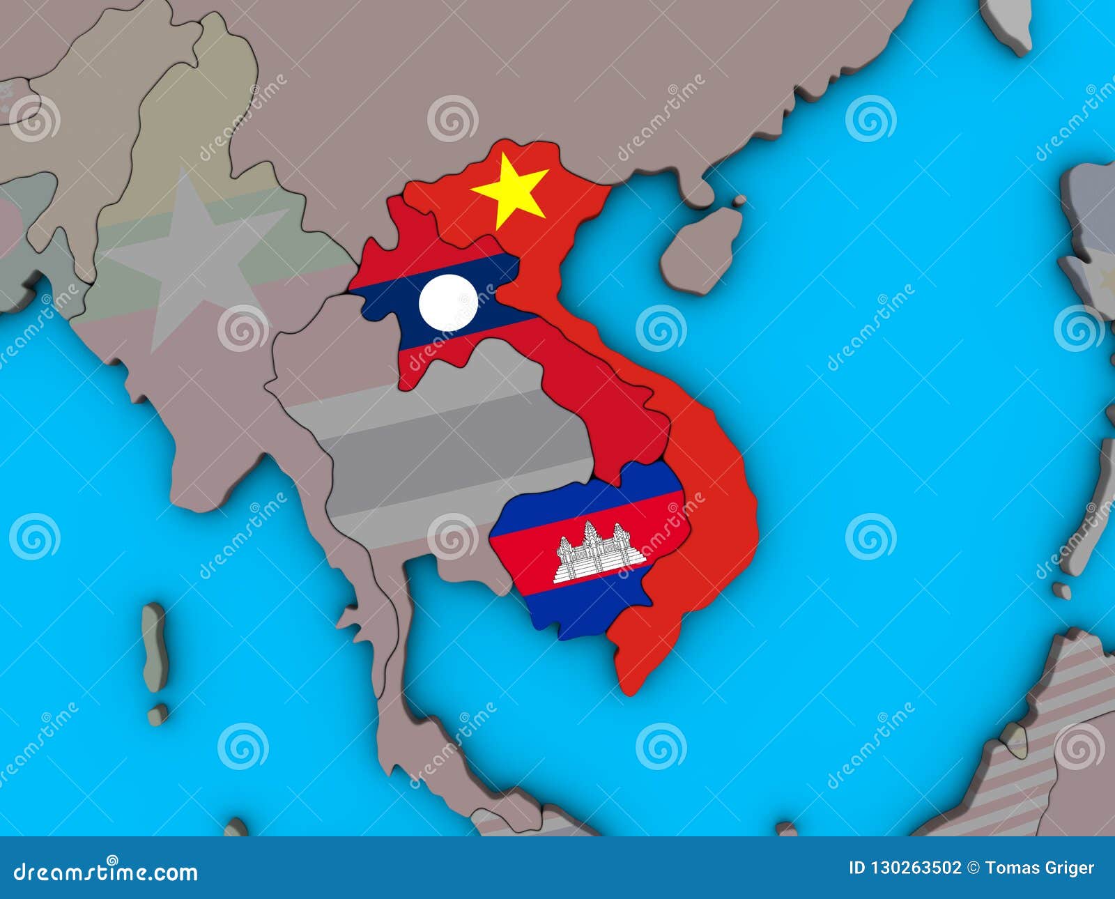 Indochina with Flags on 3D Map Stock Illustration - Illustration of ...
