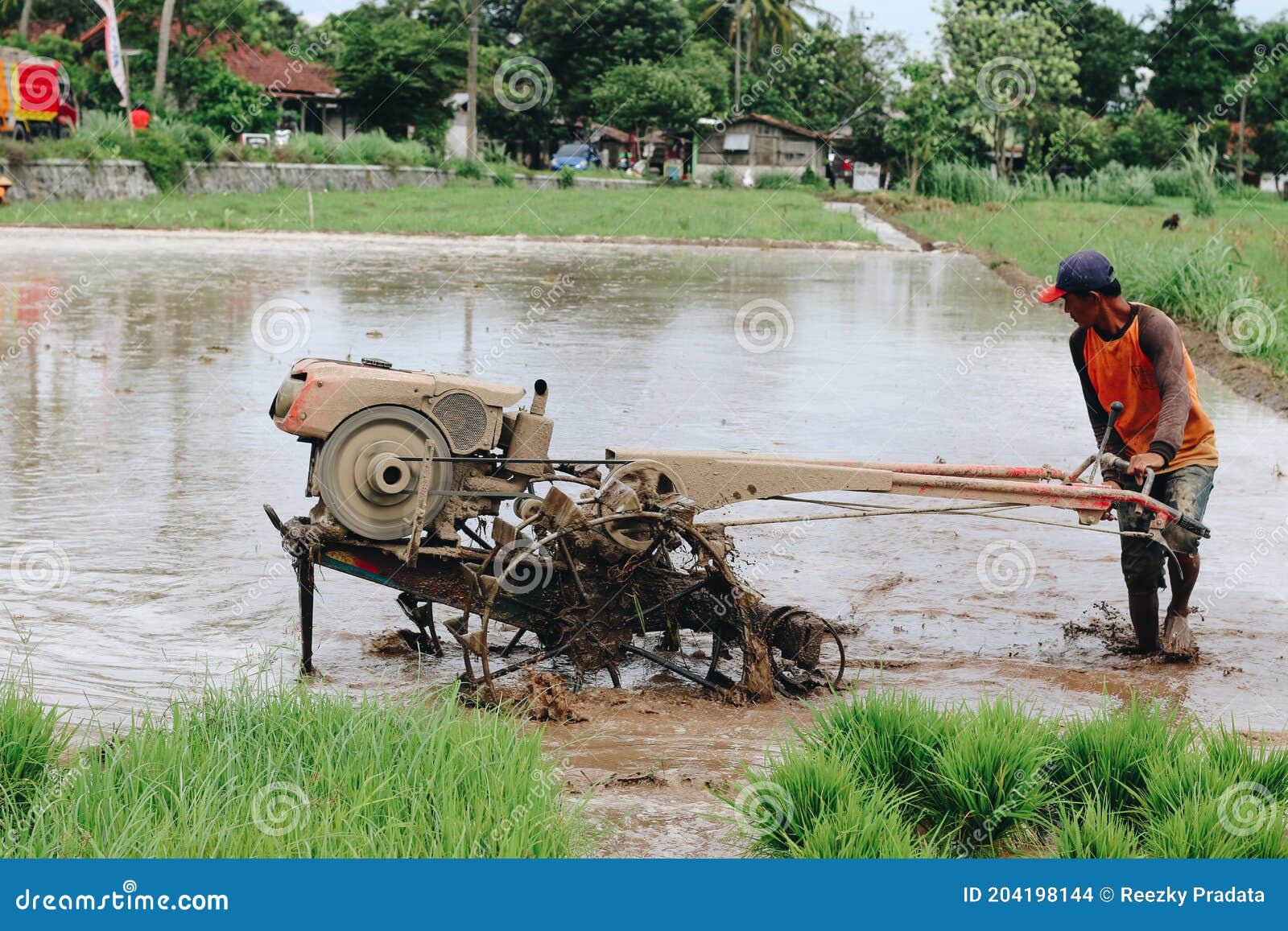 Indonesia Farmer Plowing a Rice Field Using Tiller Tractor Editorial ...