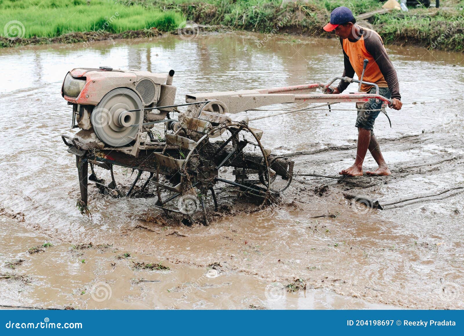 Indonesia Farmer Plowing a Rice Field Using Tiller Tractor Editorial ...