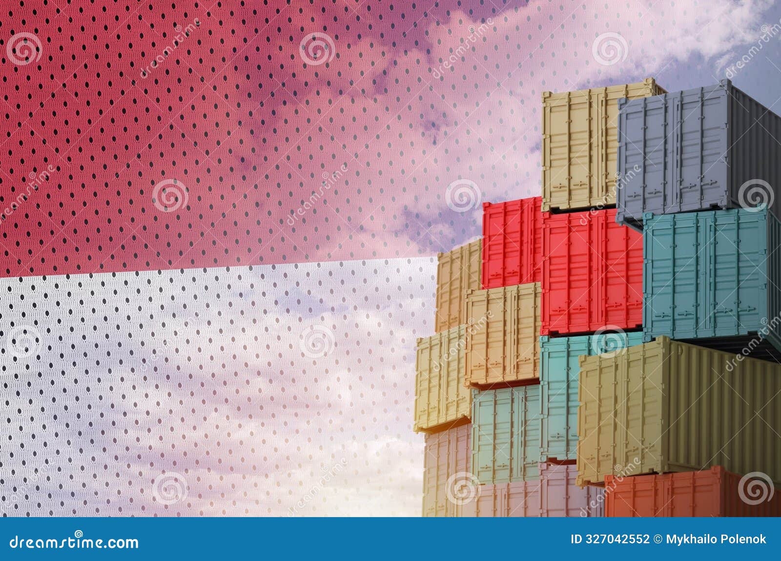 Indonesia Flag and Big Stack of Shipping Cargo Containers in Docks with ...