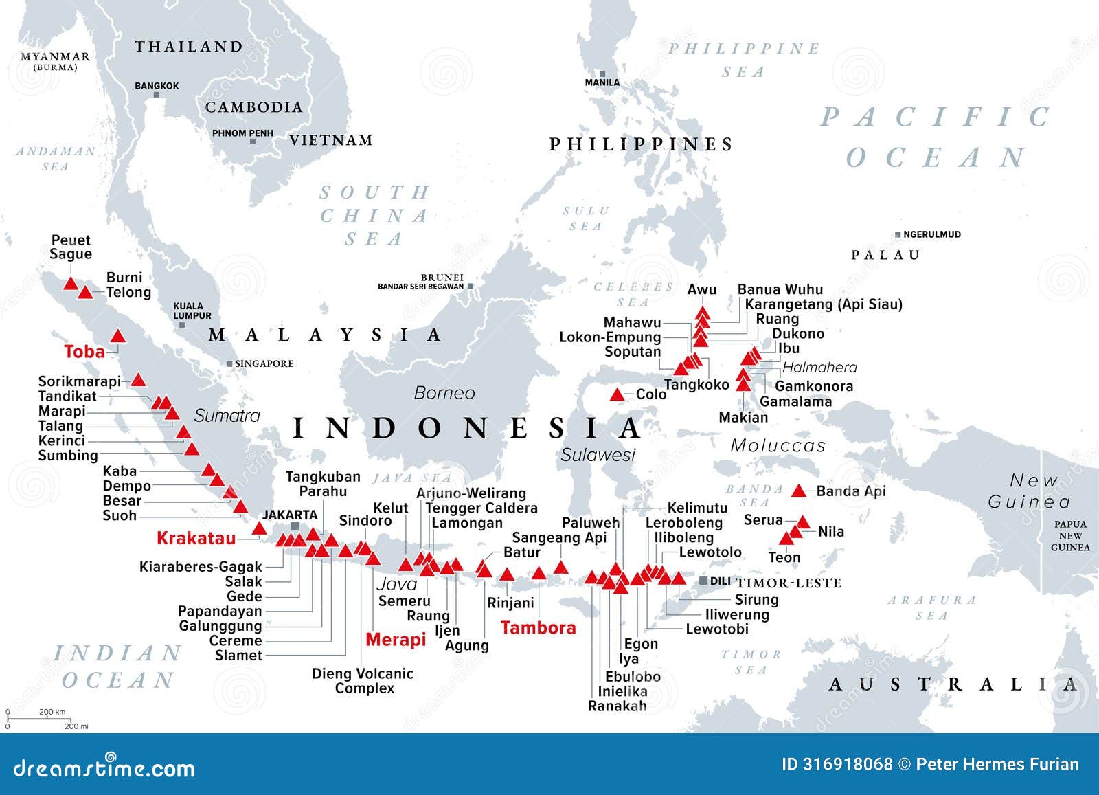 Major Volcanoes in Indonesia, Part of the Ring of Fire, Political Map ...