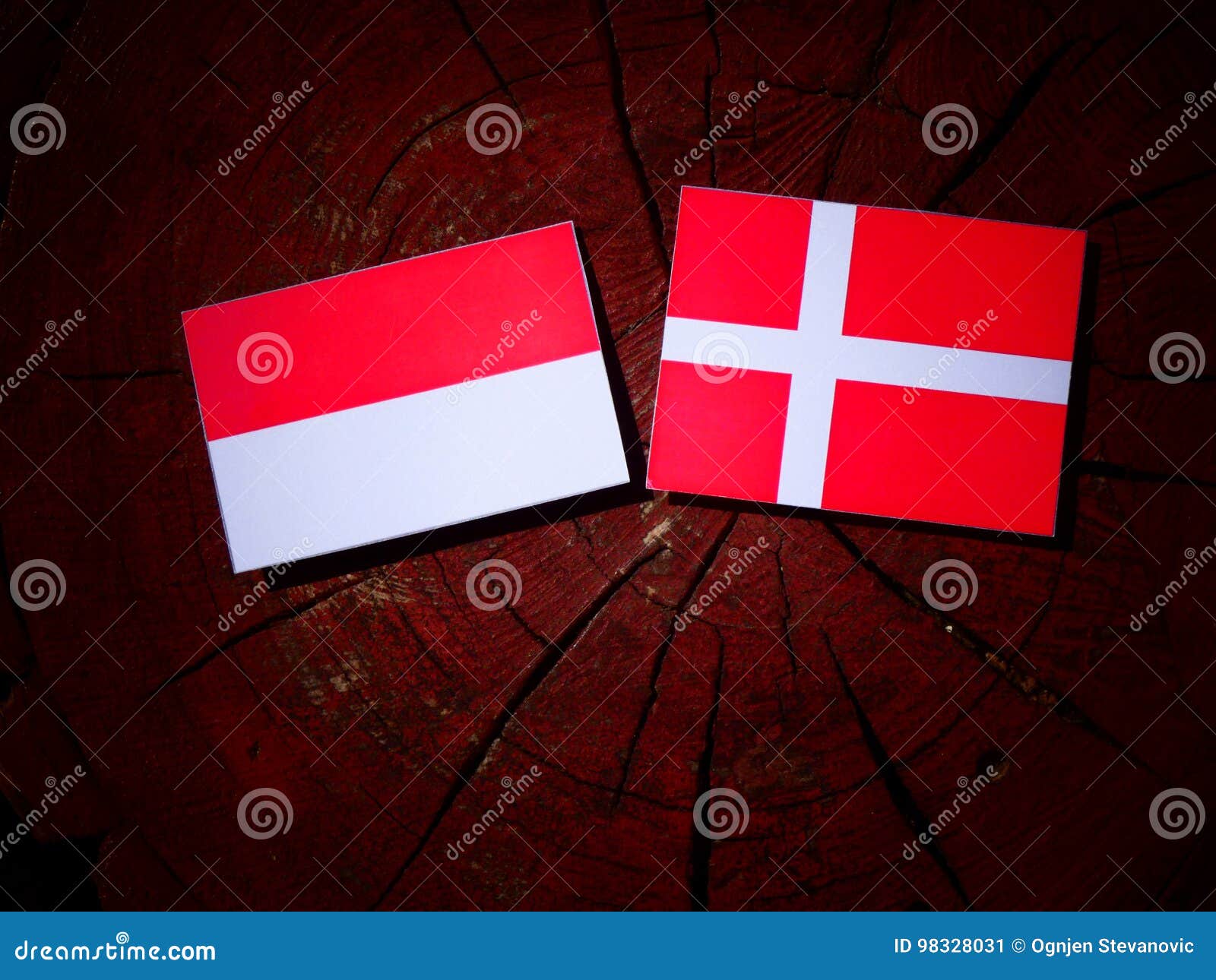 Indonesian Flag with Danish Flag on a Tree Stump Isolated Stock Image ...