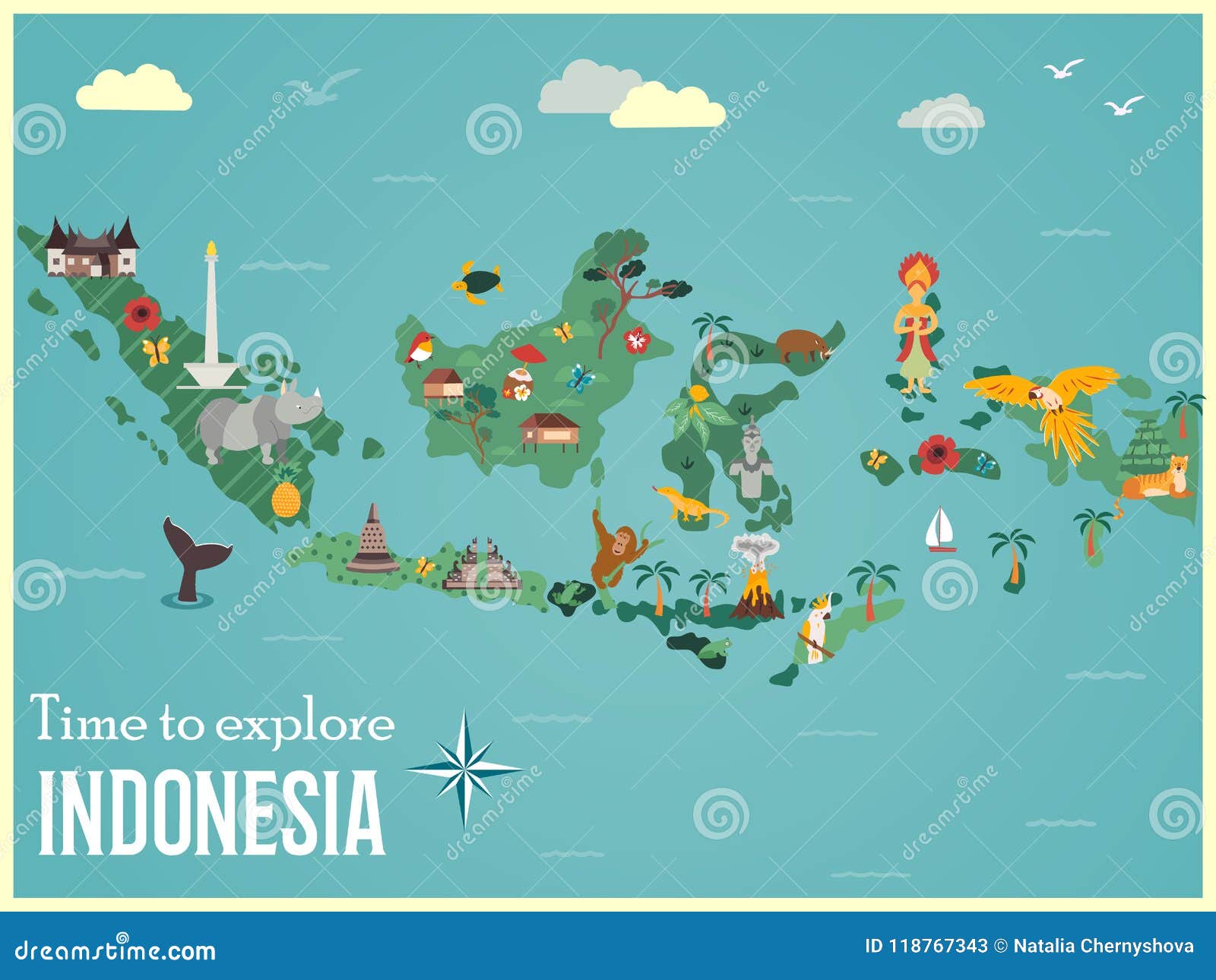 Indonesian Map with Animals and Landmarks Stock Vector - Illustration ...
