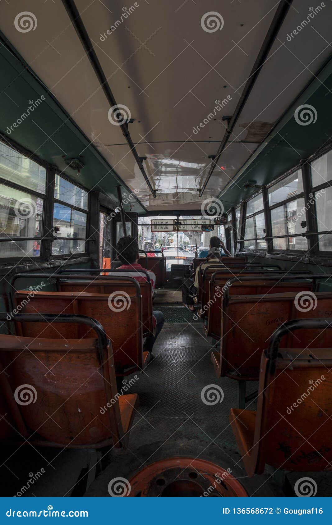 Indonesian Passengers Commute in an Old Empty Bus in Jakarta, Indonesia ...