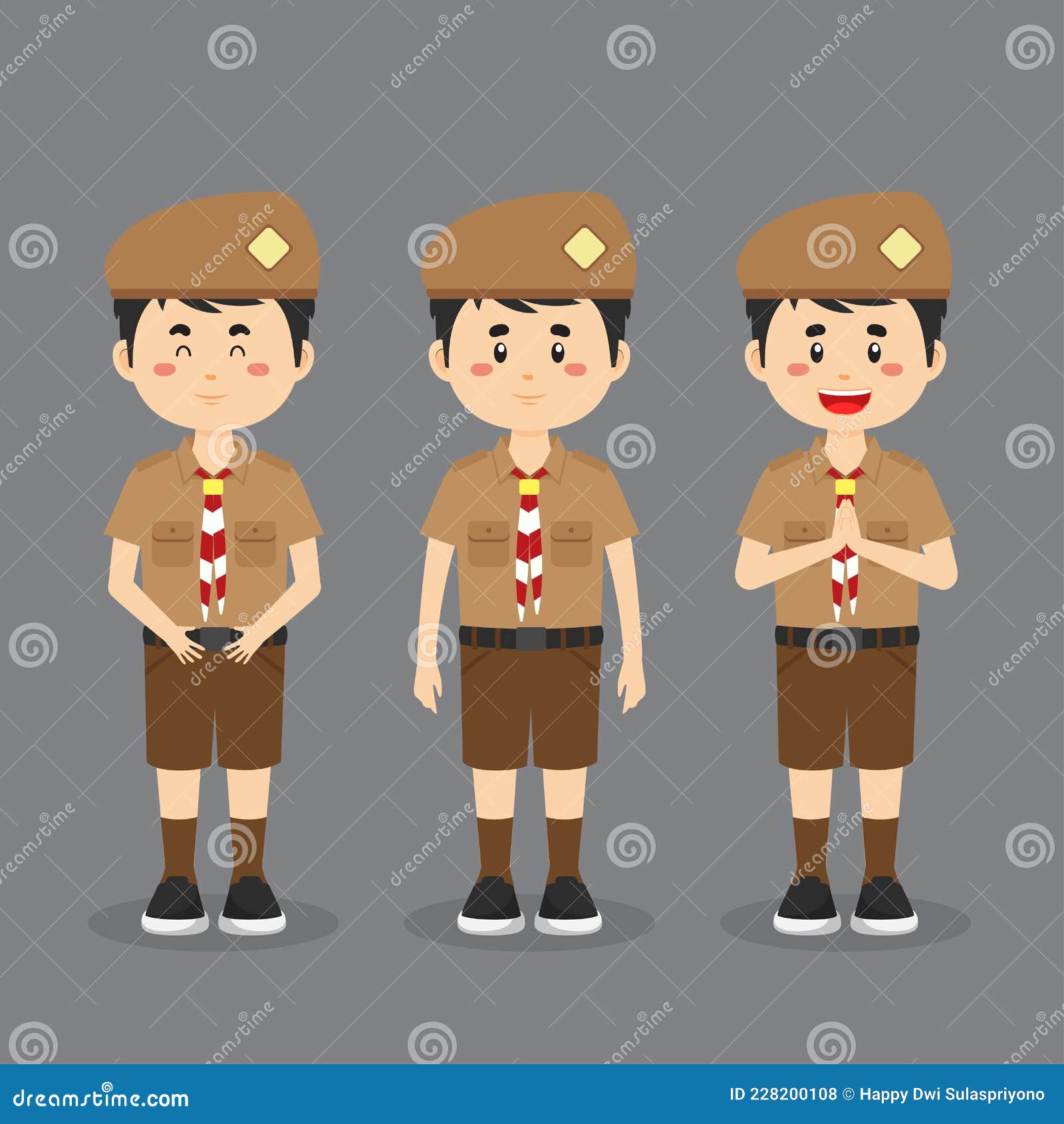 Indonesian Pramuka Scout Elementary School Uniform Kids Cartoon Vector ...