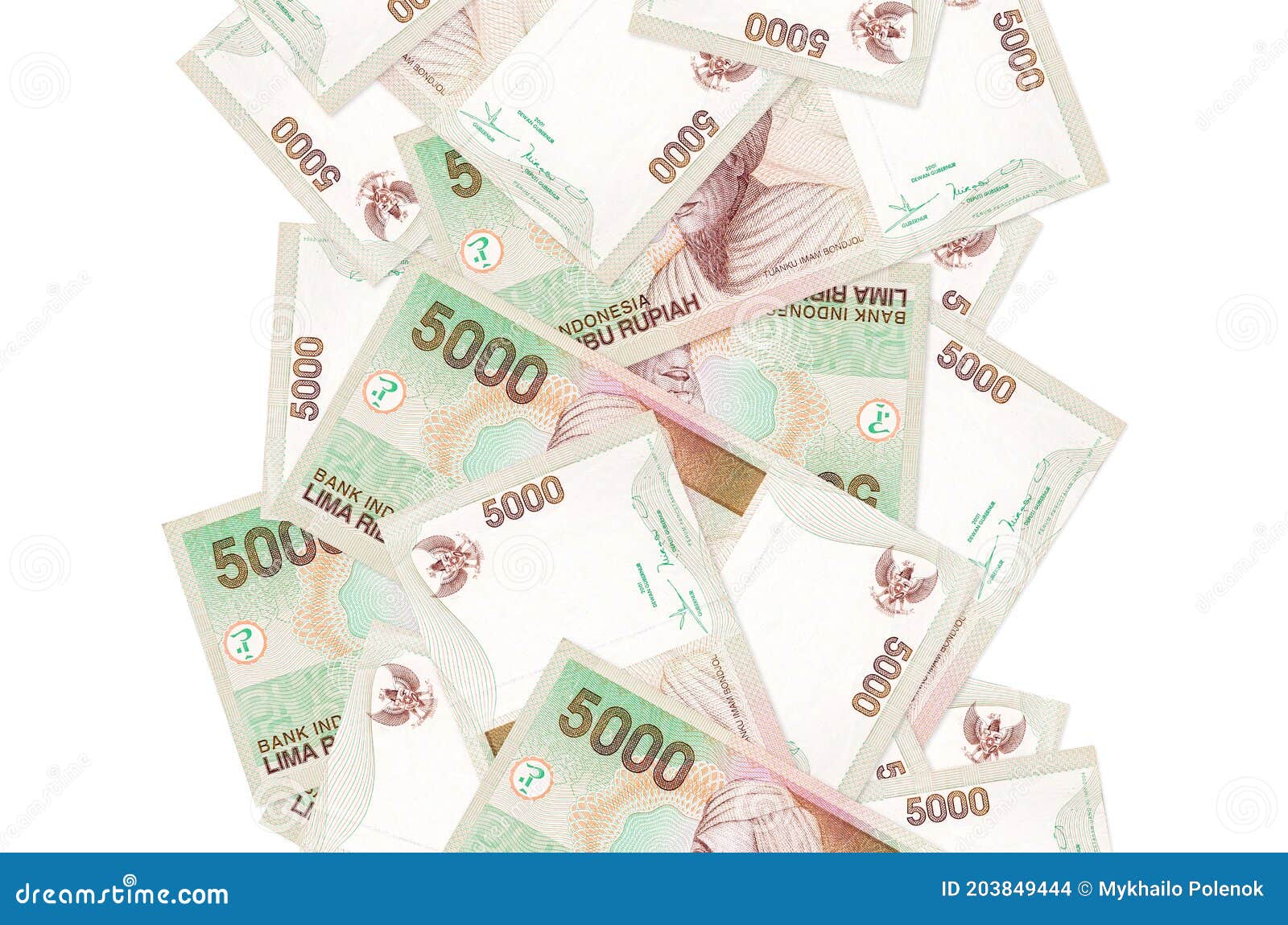 5000 Indonesian Rupiah Bills Flying Down Isolated on White. Many ...