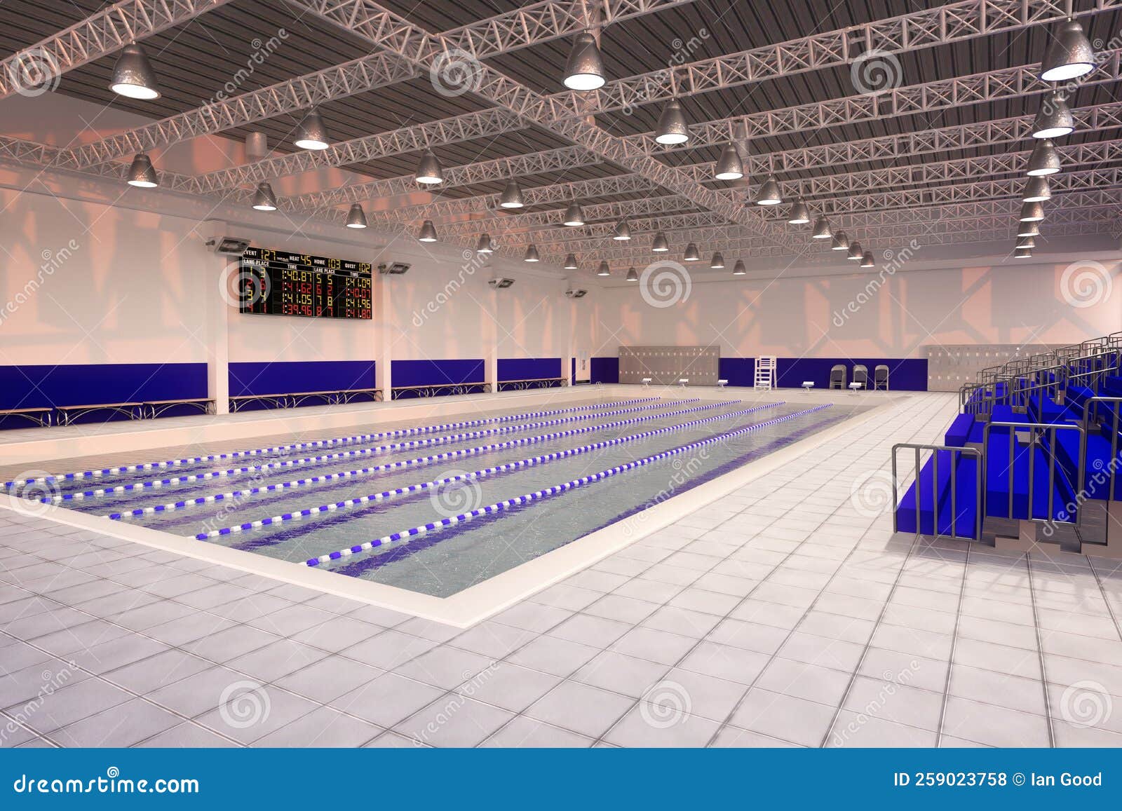 Indoor Competition Swimming Pool Viewed from the Corner. 3D ...