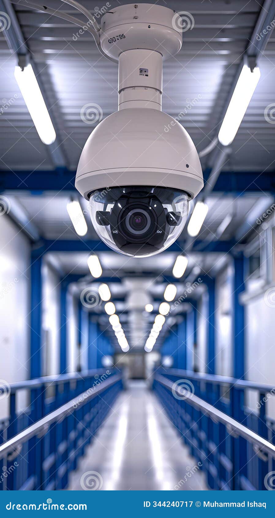 Indoor Corridor, Security Camera, Blue Railings, Metallic Ceiling ...