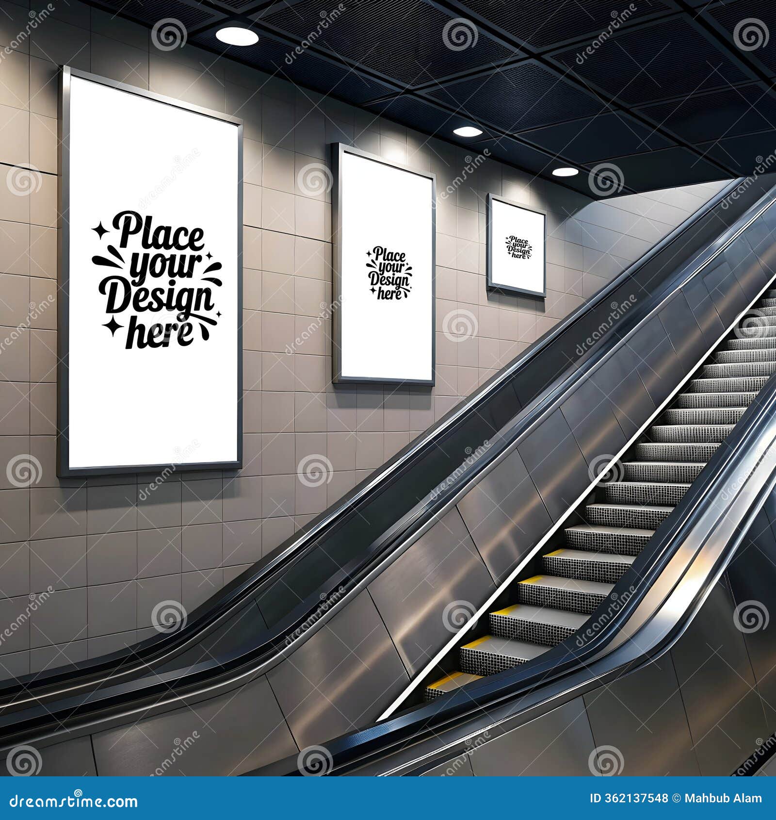 Indoor Escalator with Vertical Advertising Posters Stock Illustration ...
