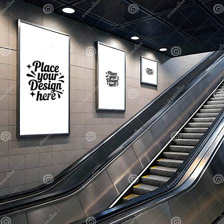 Indoor Escalator with Vertical Advertising Posters Stock Illustration ...