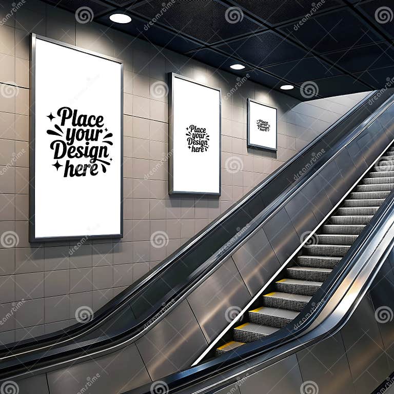 Indoor Escalator with Vertical Advertising Posters Stock Illustration ...
