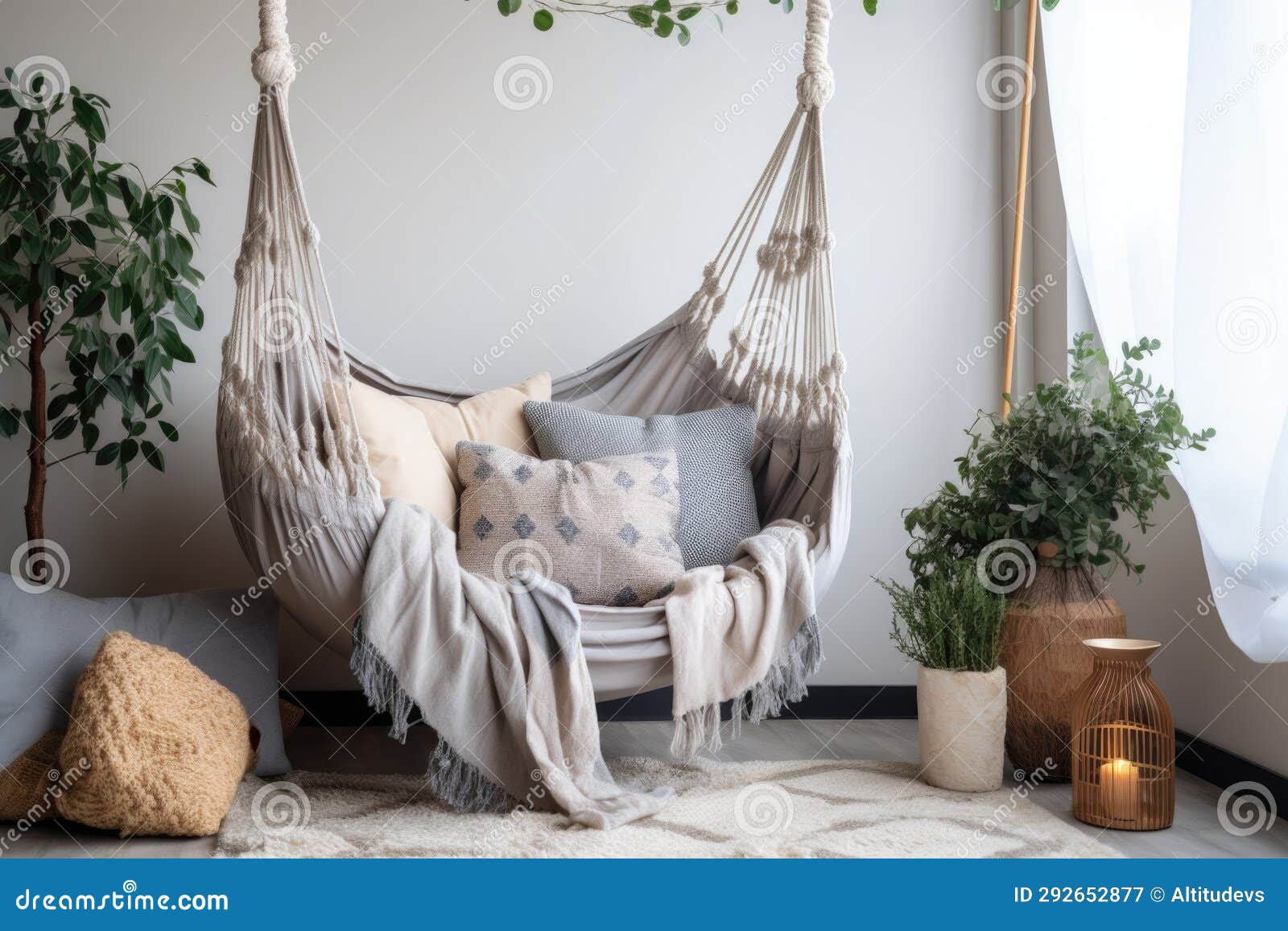 An Indoor Hanging Swing with Plush Pillows and a Throw Blanket Stock ...