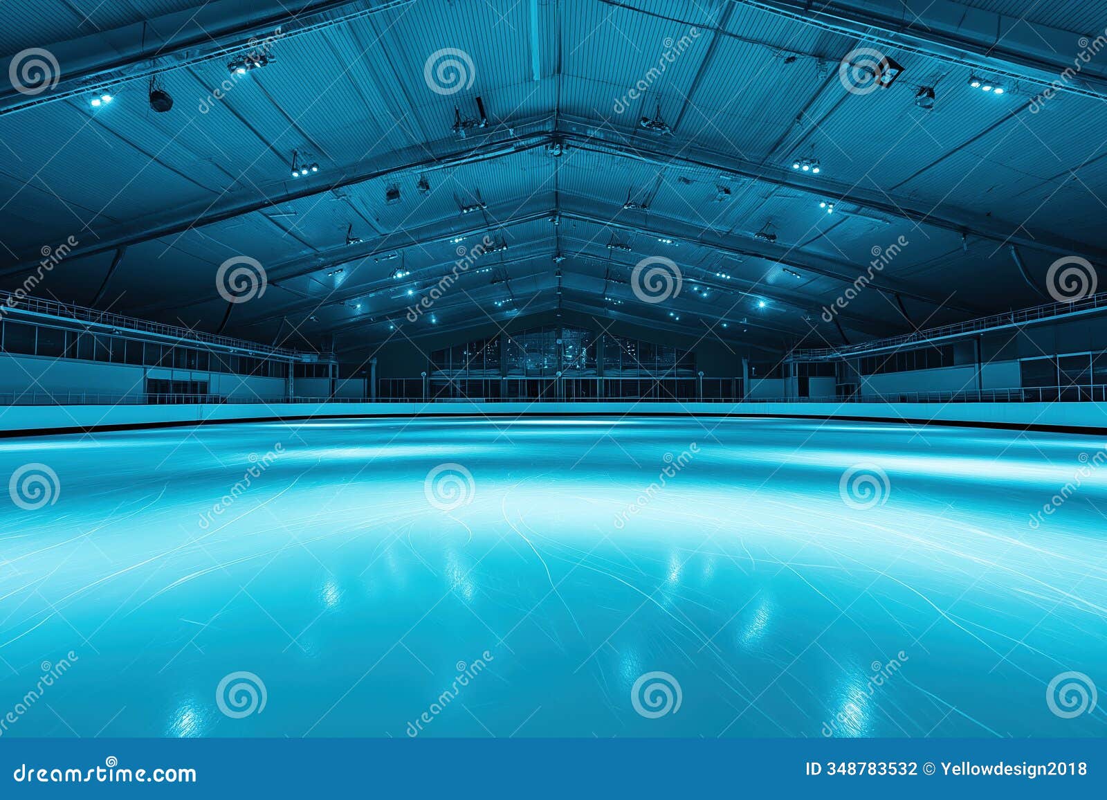 Indoor Ice Skating Rink with Illuminated Blue Lighting and Smooth ...