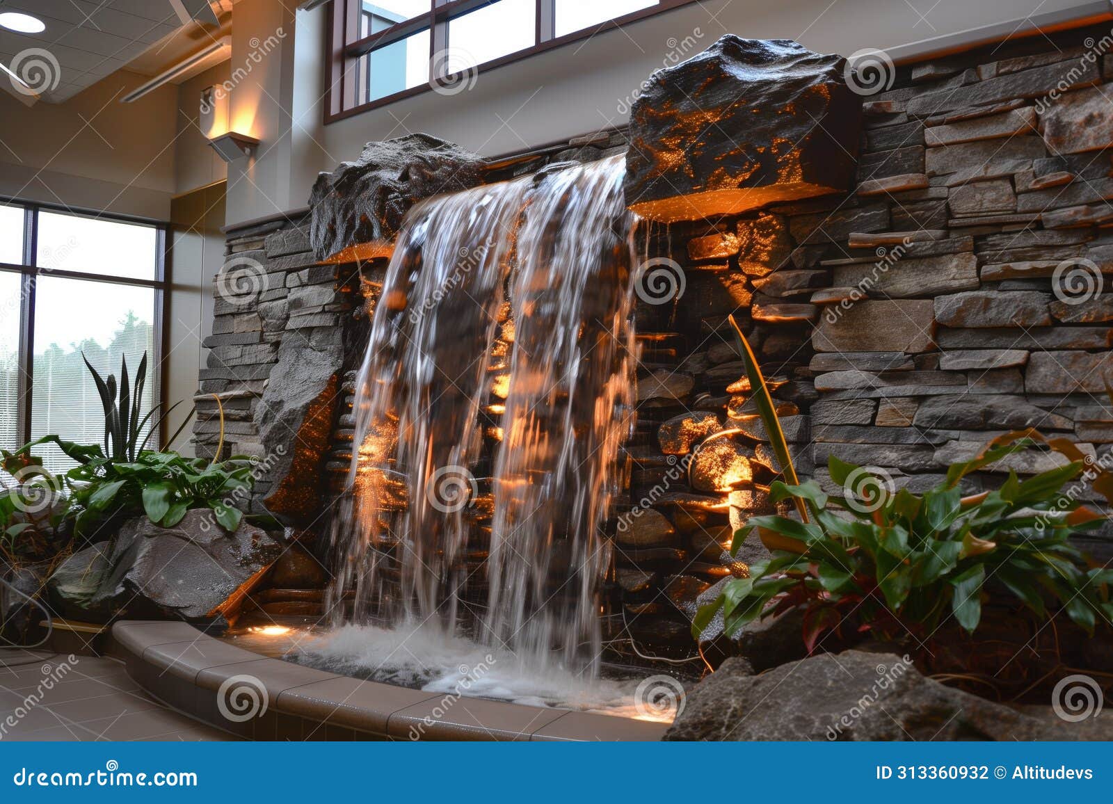 Indoor Office Rock Waterfall Feature with Led Lighting Accents Stock ...