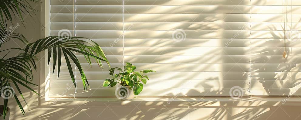 Indoor Plants by Window with Blinds, Sunlight Creating Shadows on the ...