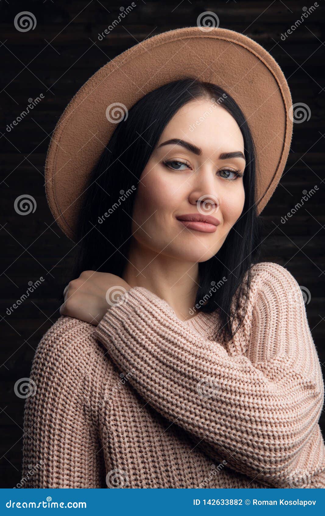 Indoor Portrait of a Young Beautiful Fashionable Woman Wearing Hat and ... Indoor Portrait of a Young Beautiful Fashionable Woman Wearing Hat and ...