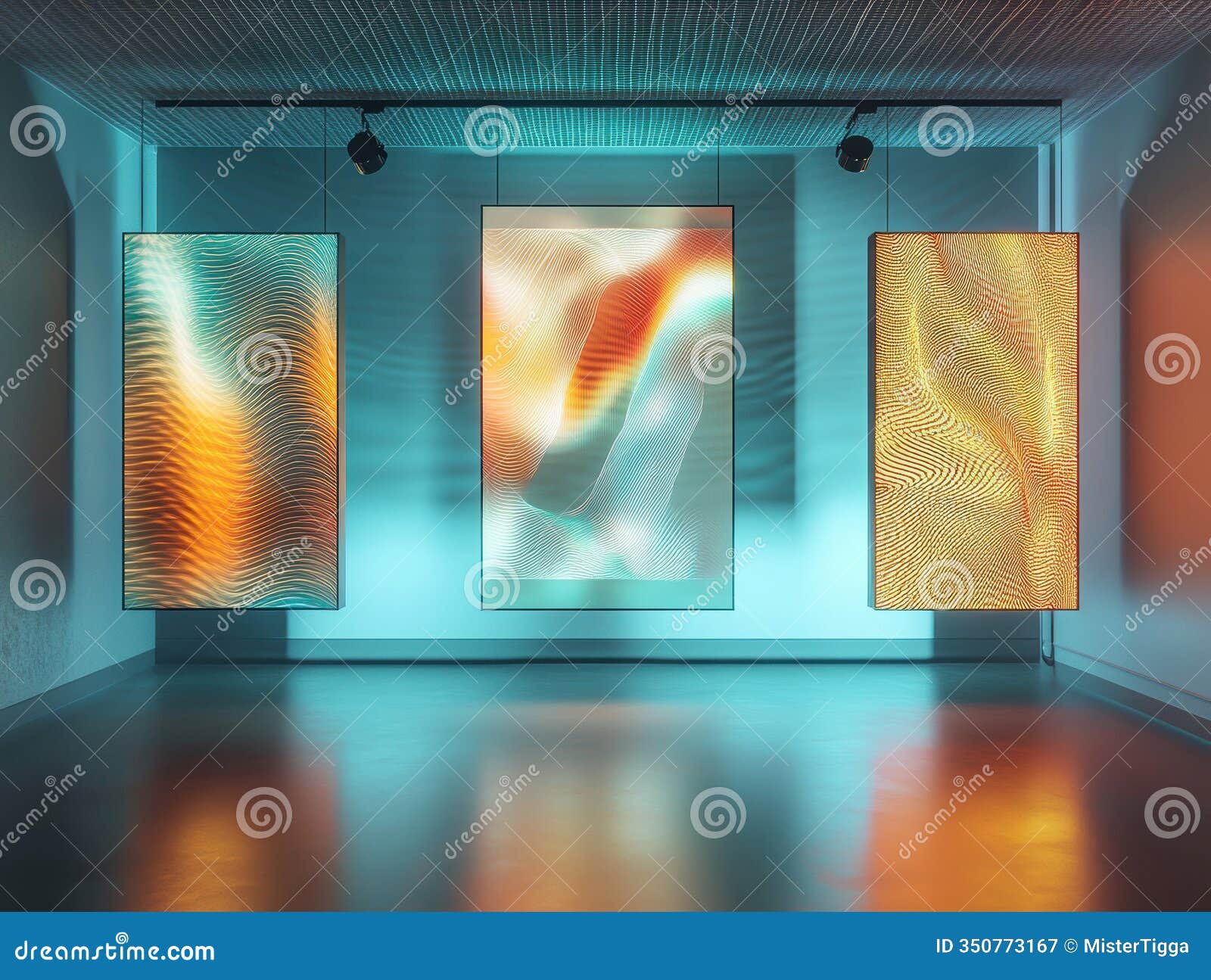 Indoor Setting with Three Abstract Artworks, Distinguished by Textured ...