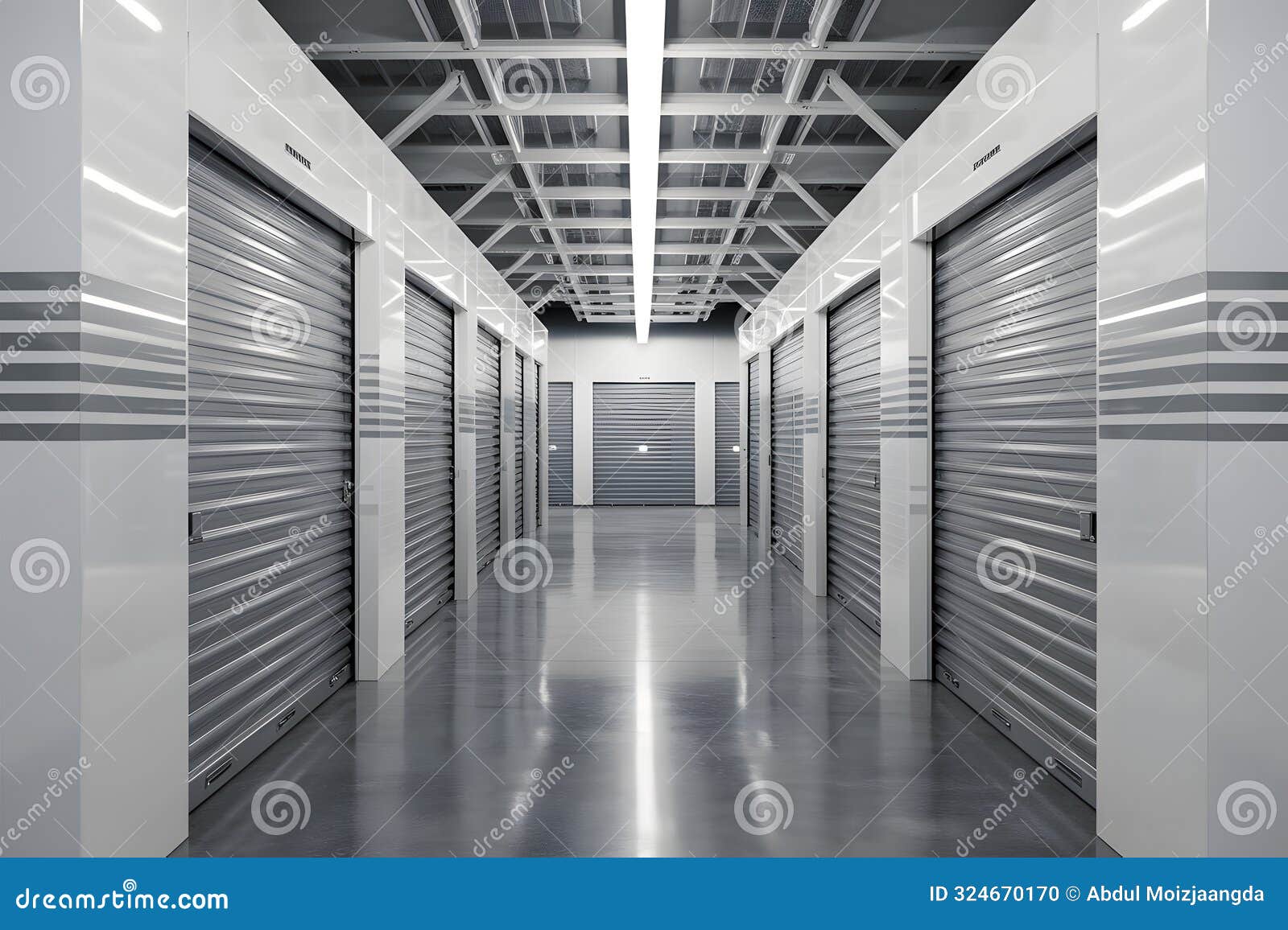 Indoor Storage Unit with Closed Metallic Doors, Brightly Lit Interior ...