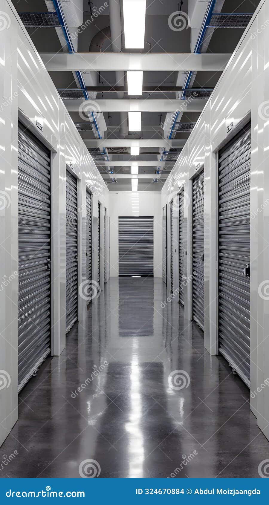 Indoor Storage Unit with Closed Metallic Doors, Brightly Lit Interior ...