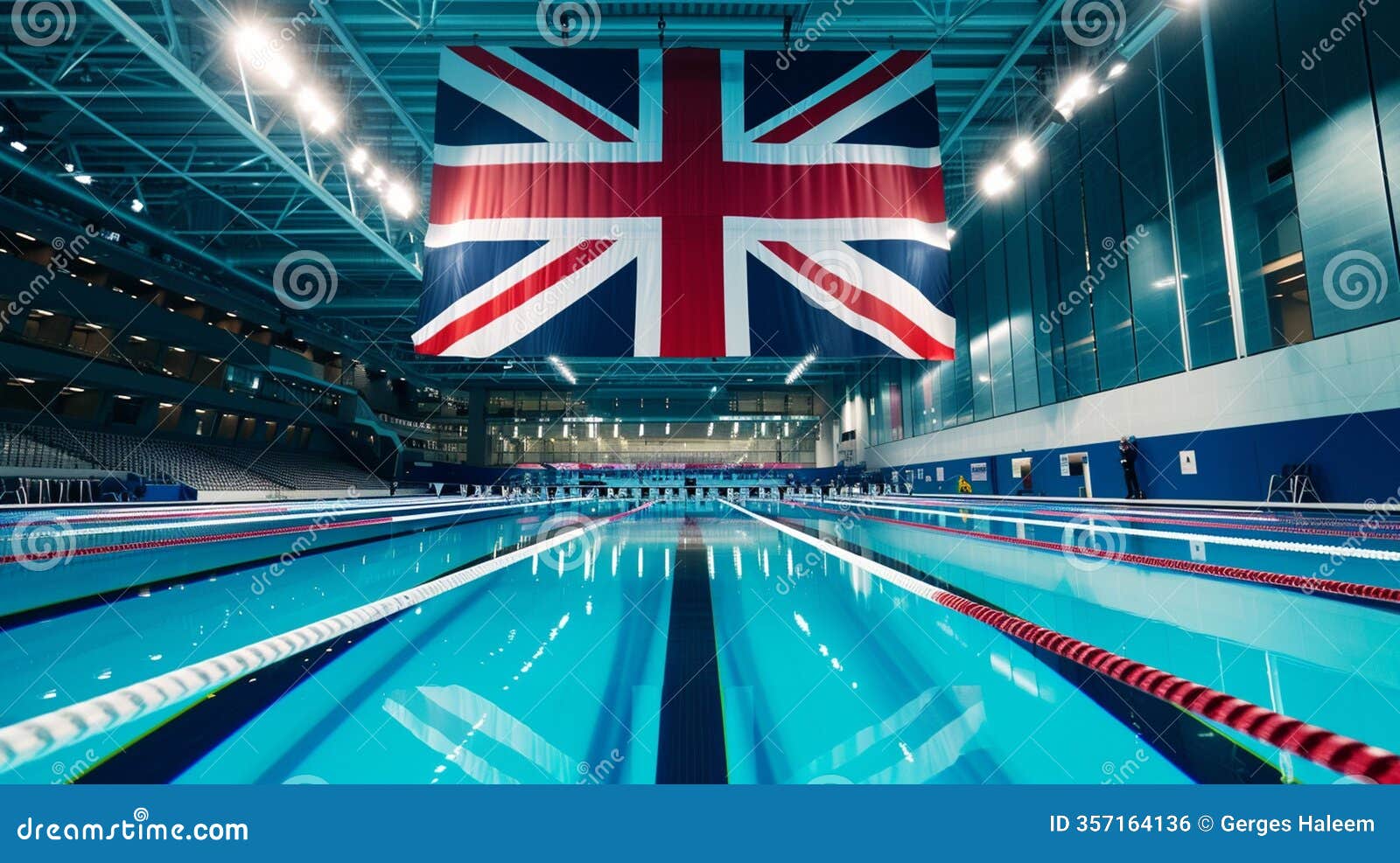 Indoor Swimming Pool with a Large Union Jack Flag in the Background ...