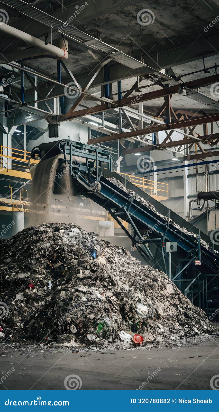 Indoor Waste Processing Plant With Conveyor System, Mixed Waste Pile ...