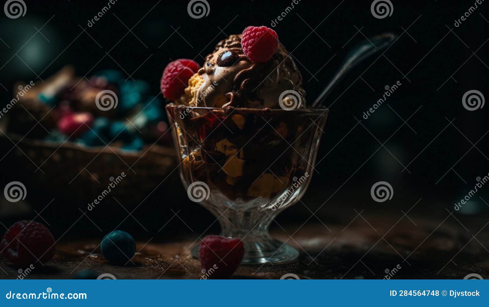 Indulgent Homemade Chocolate Raspberry Ice Cream Sundae on Rustic Wood ...