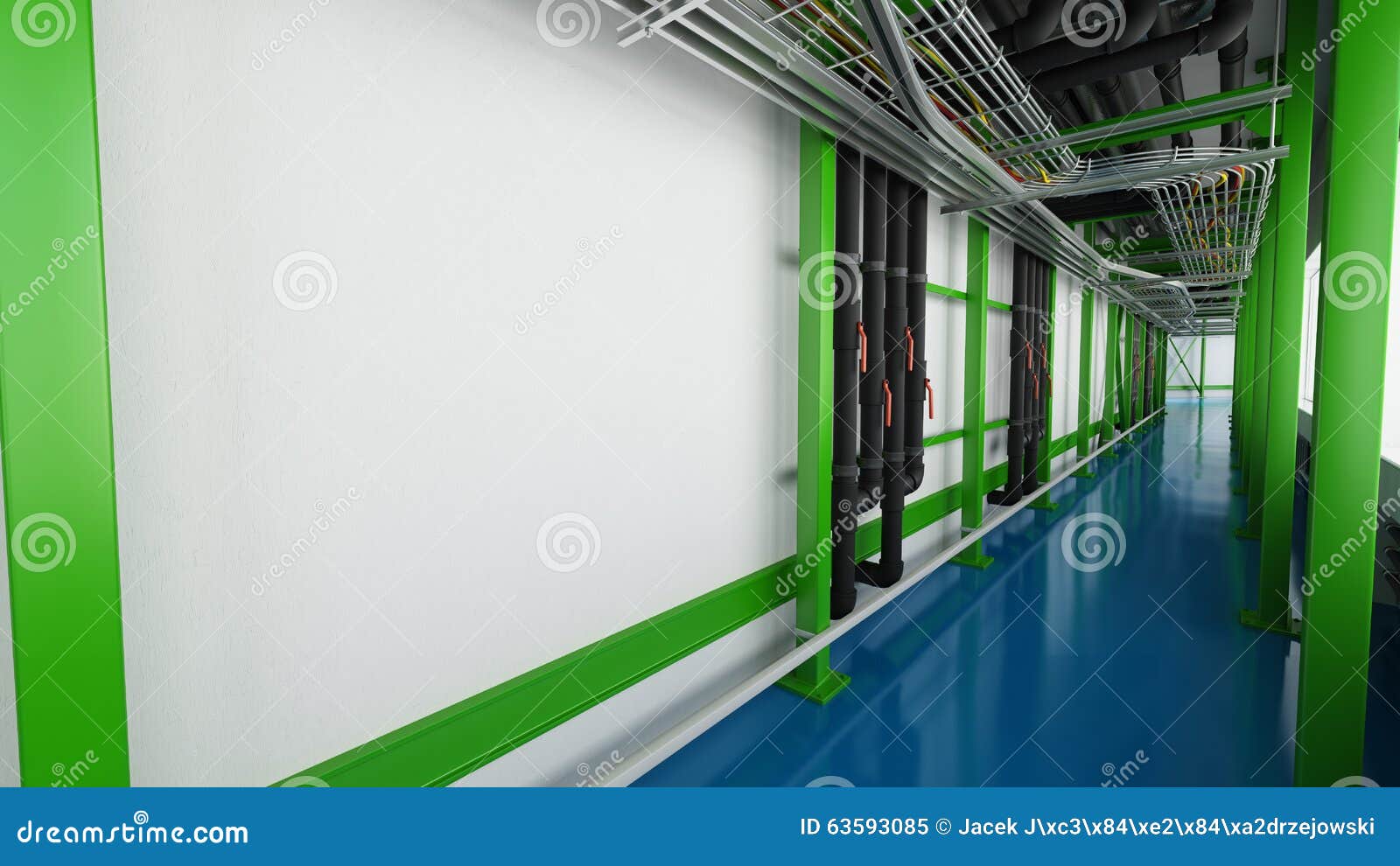 Industiral White Wall and Green Structure Long Corridor in Daylight ...