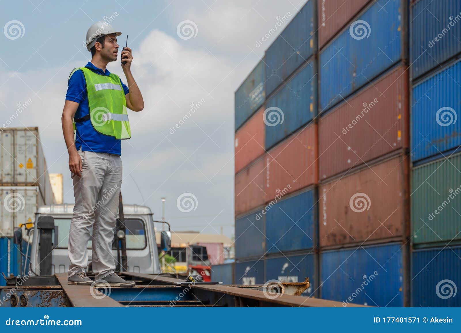 Industrail Background of Caucasian Containers Yard and Cargo Inspector ...