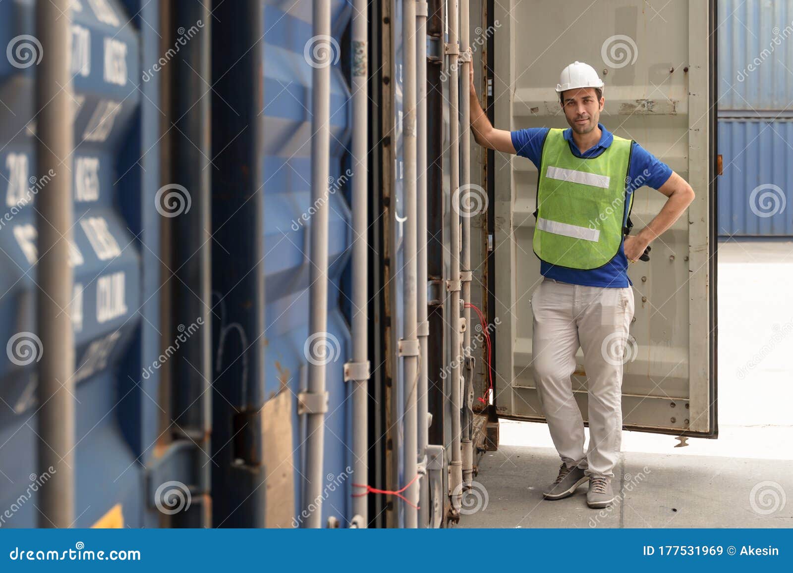 Industrail Background of Caucasian Containers Yard and Cargo Inspector ...