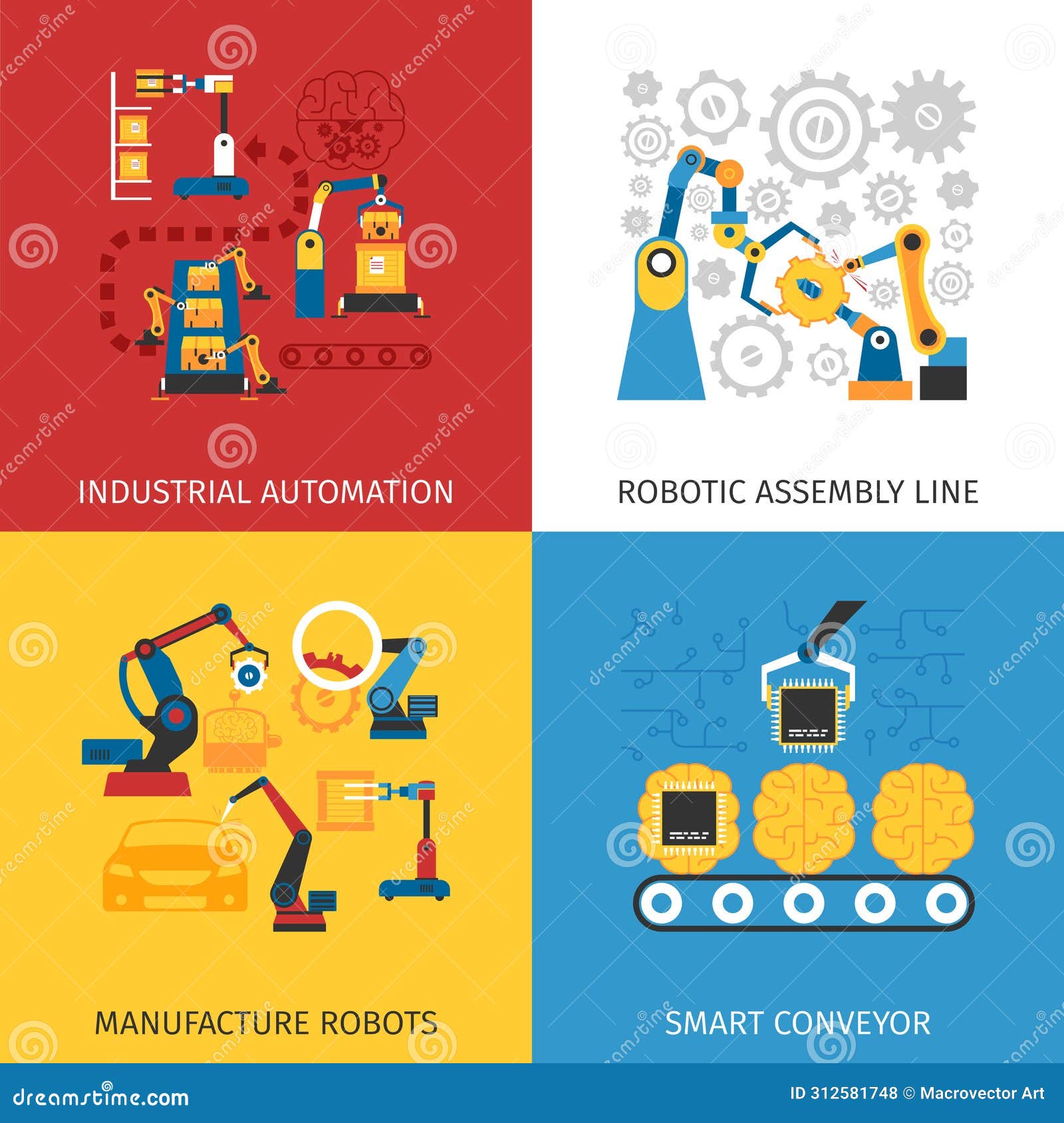 Industrial Assembly Line 4 Flat Icons Stock Vector - Illustration of ...