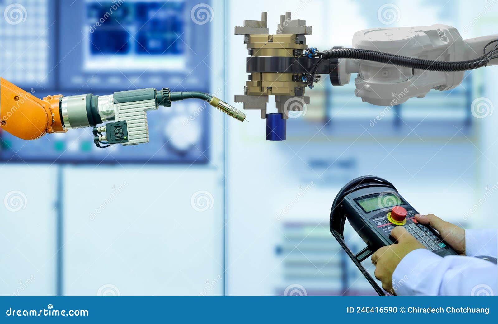 Industrial Gripping Robotic And Welding Robot Working With Metalwork On ...