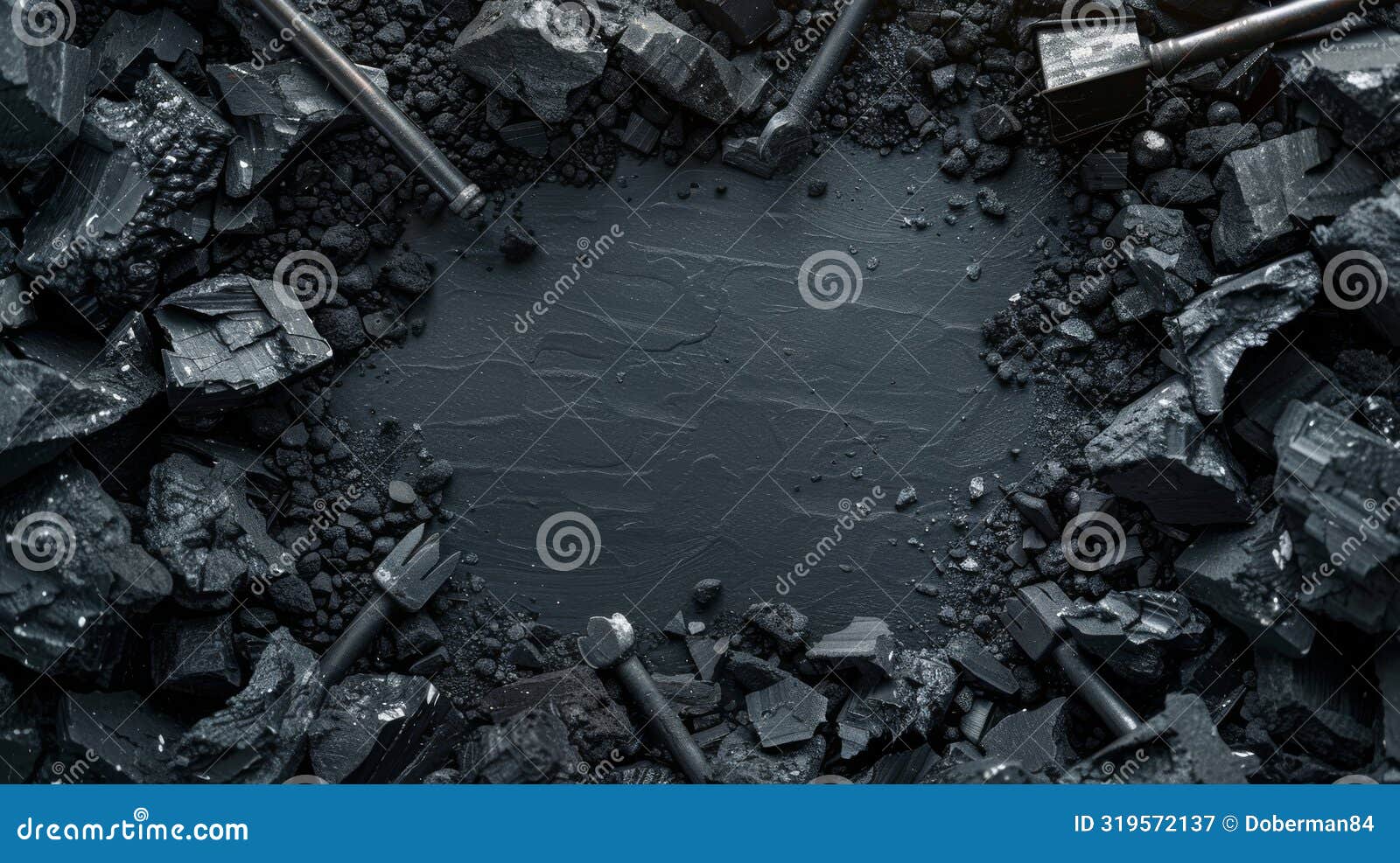 Industrial Background Featuring Broken Coal Pieces and Tools in a ...