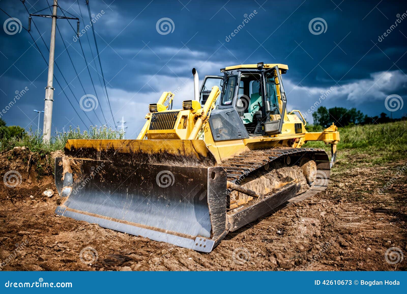 Industrial Backhoe, Bulldozer Moving Earh and Sand in Sandpit Stock ...