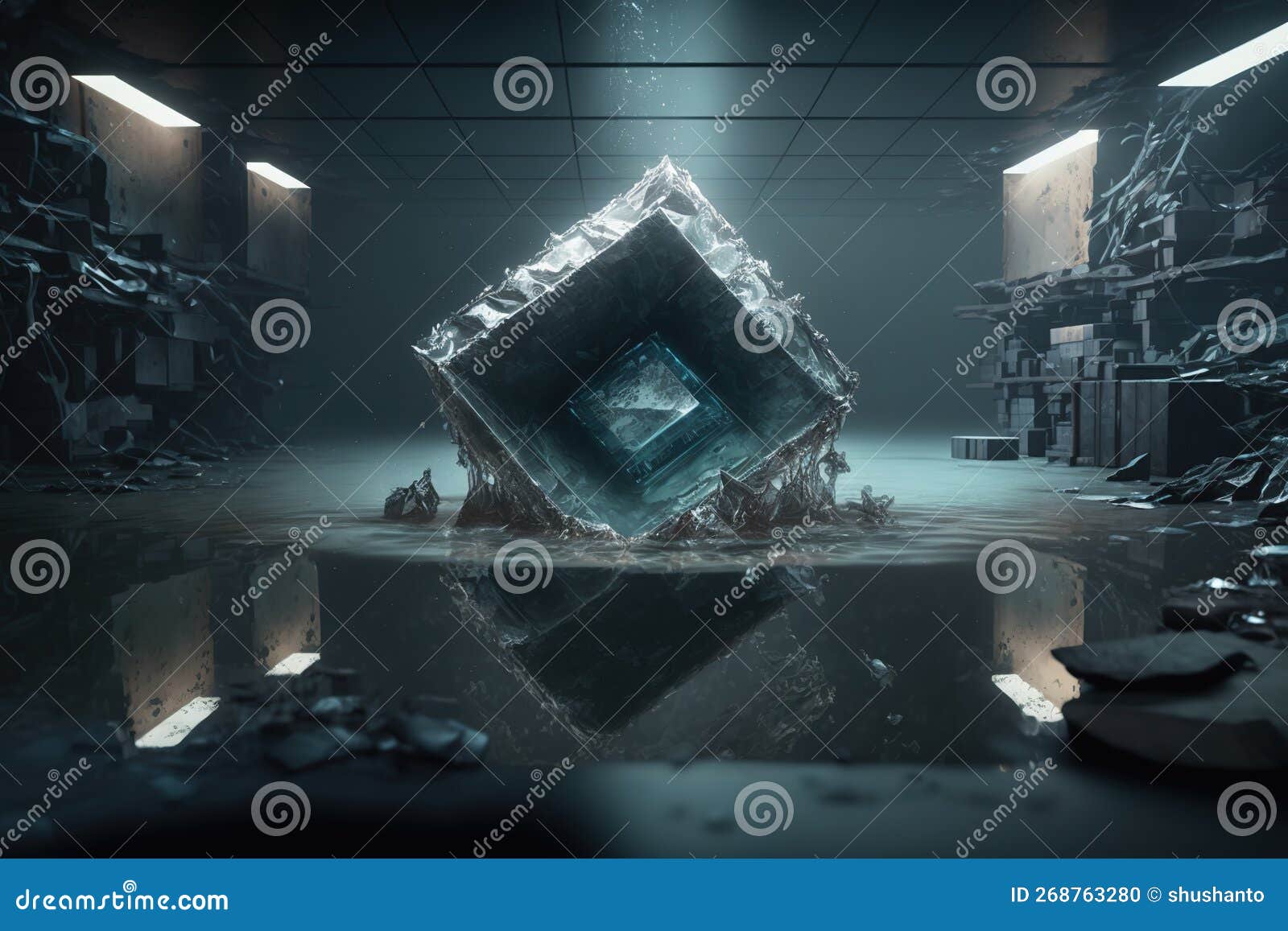 Industrial Basement with Big Broken Crystal Cube in the Middle Stock ...