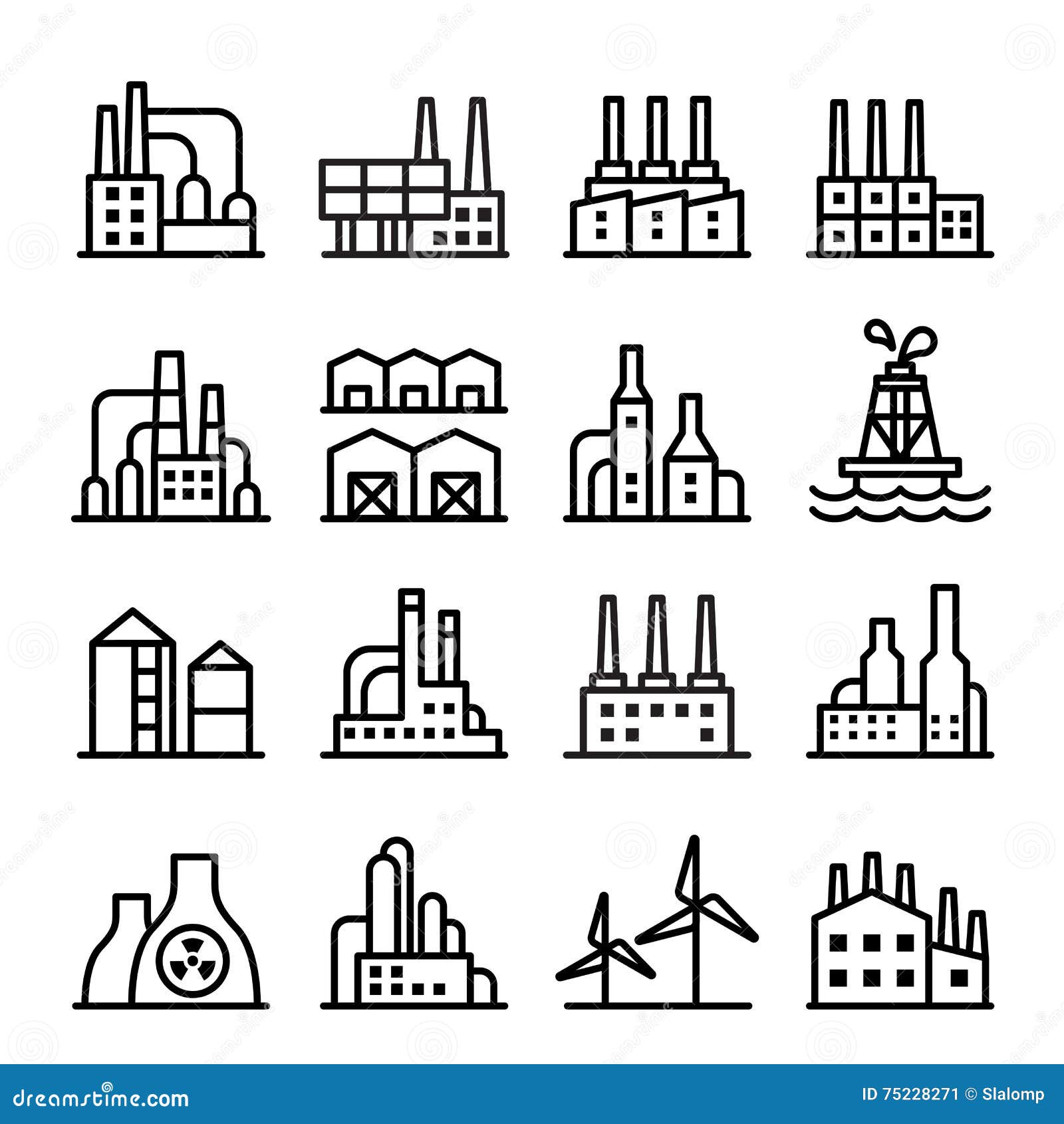 Industrial Building Icon Set Stock Illustration - Illustration of plant ...